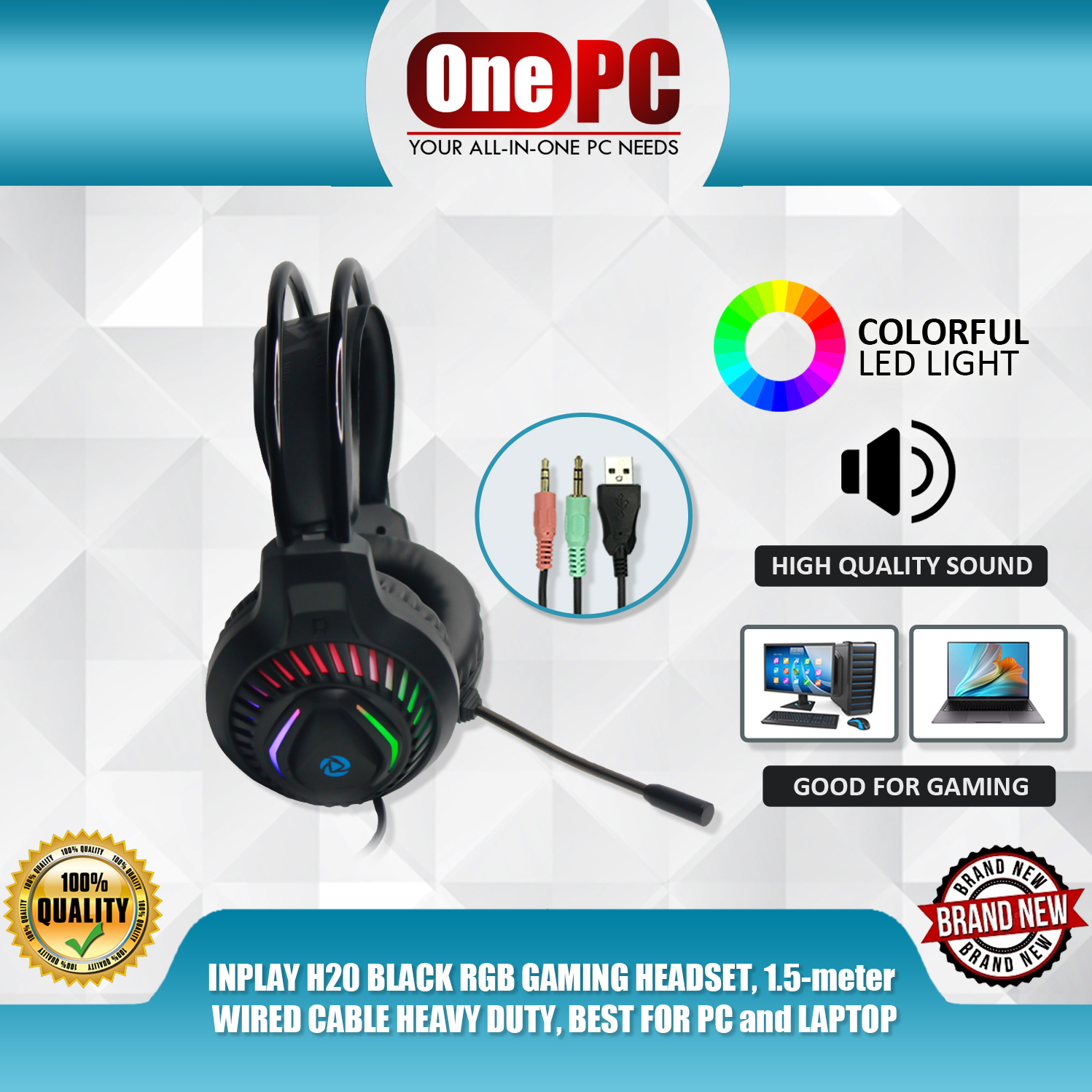 INPLAY H20 BLACK RGB GAMING HEADSET, 1.5-meter WIRED CABLE HEAVY DUTY ...