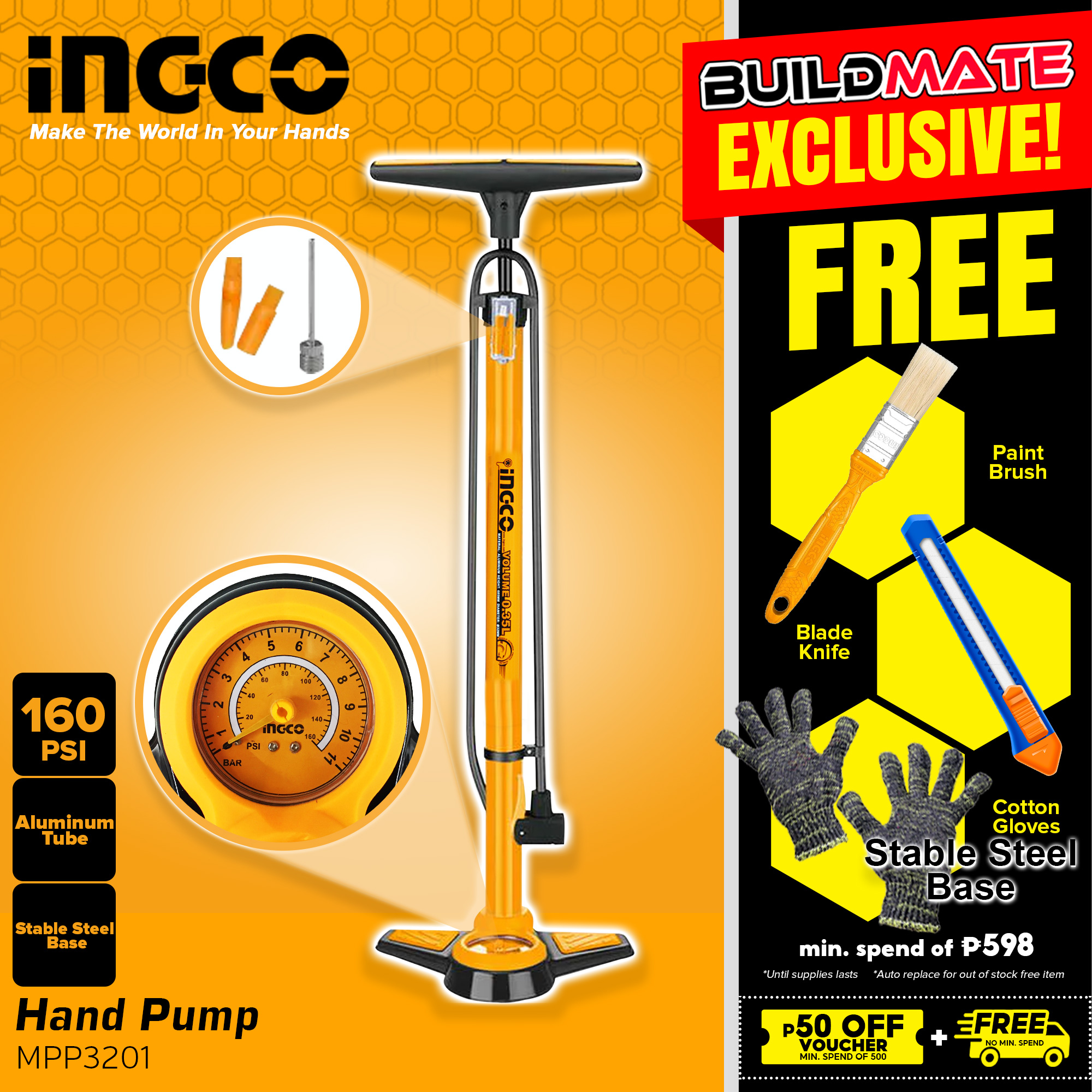 INGCO Tire Air Hand Pump Inflator Bike Wheel 32 x 580mm 160PSI MPP3201 ...