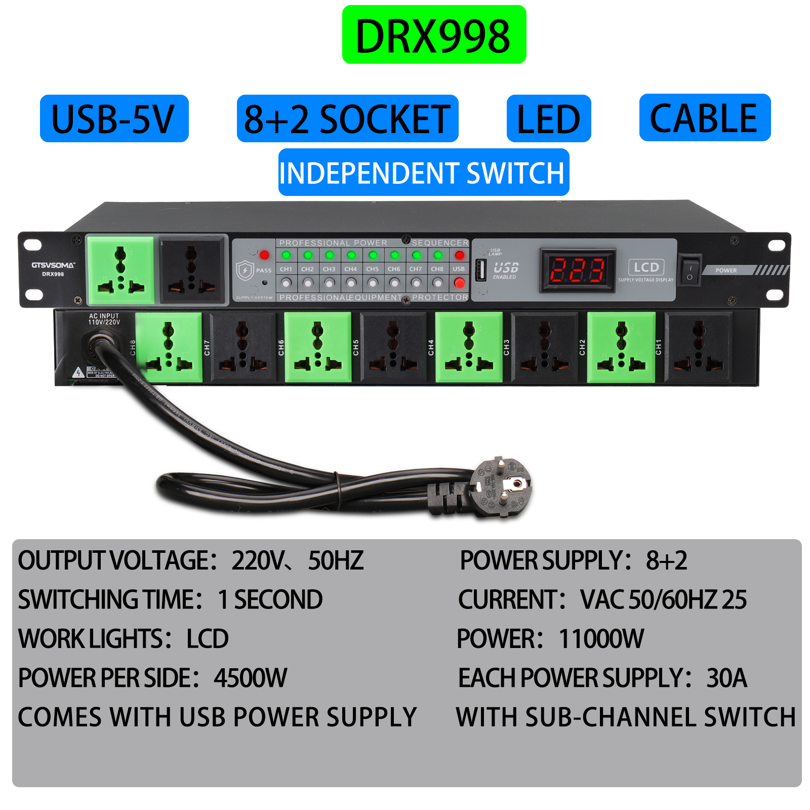 GTSVSOMA™ Original power sequencer controller 10 Channels power controller switch 220v Output ...