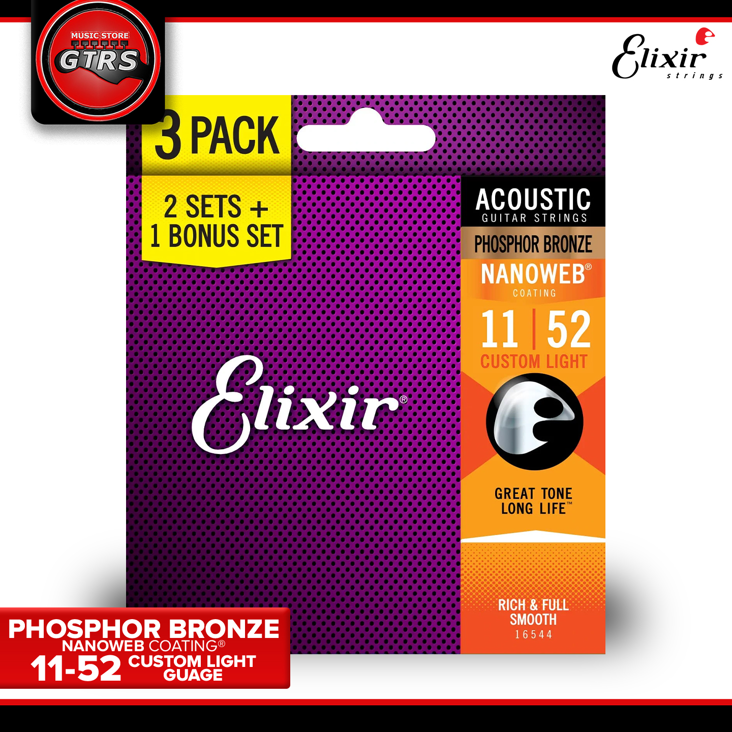 Elixir 16002 Acoustic Nanoweb Phosphor Bronze Strings, Extra-Light 10 ...