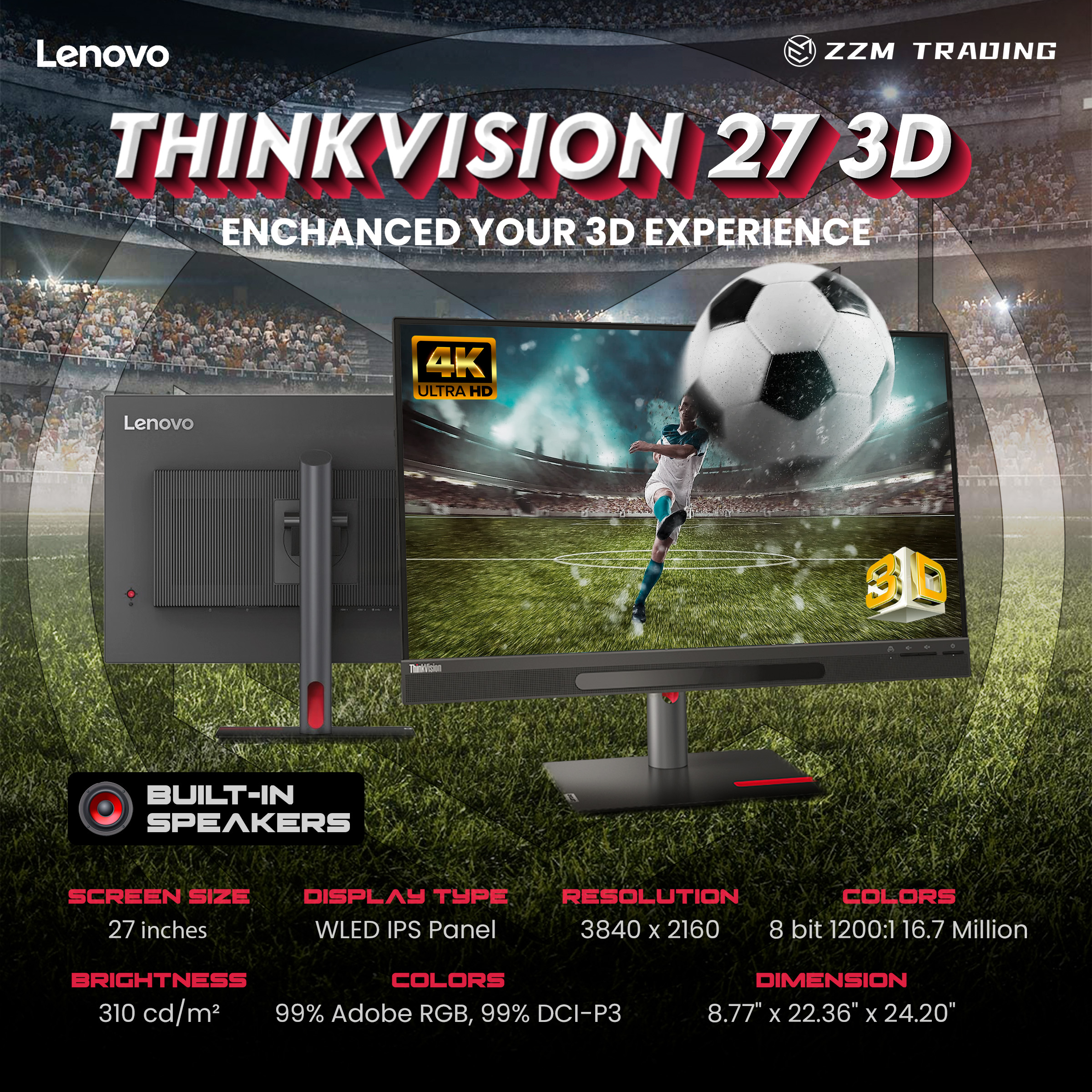 Lenovo ThinkVision 27 2D/3D 4K (3840x2160) 60Hz WLED IPS Monitor with ...
