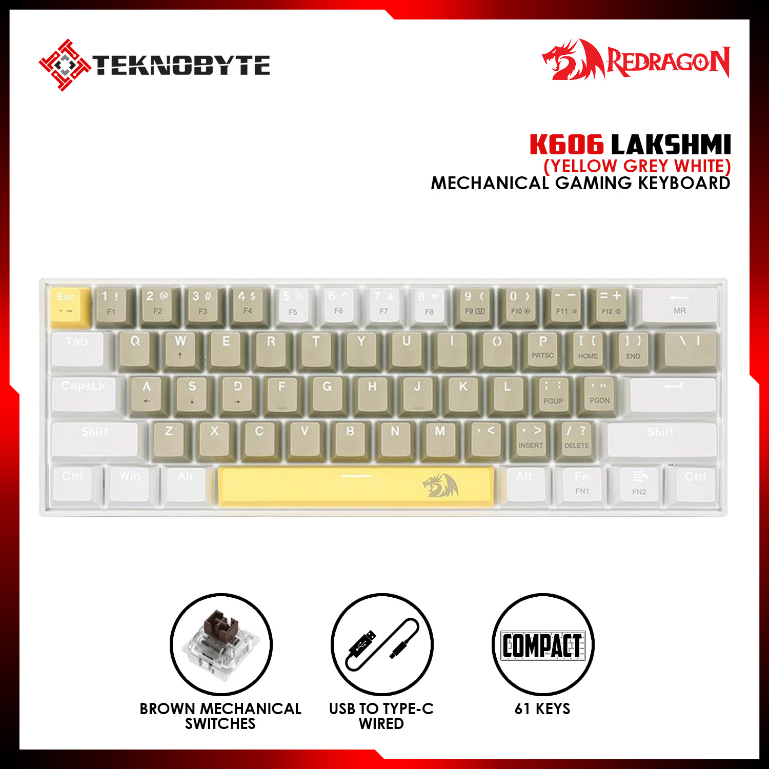 Redragon K606 Lakshmi (Yellow Grey White) Brown Switch Detachable Wired ...
