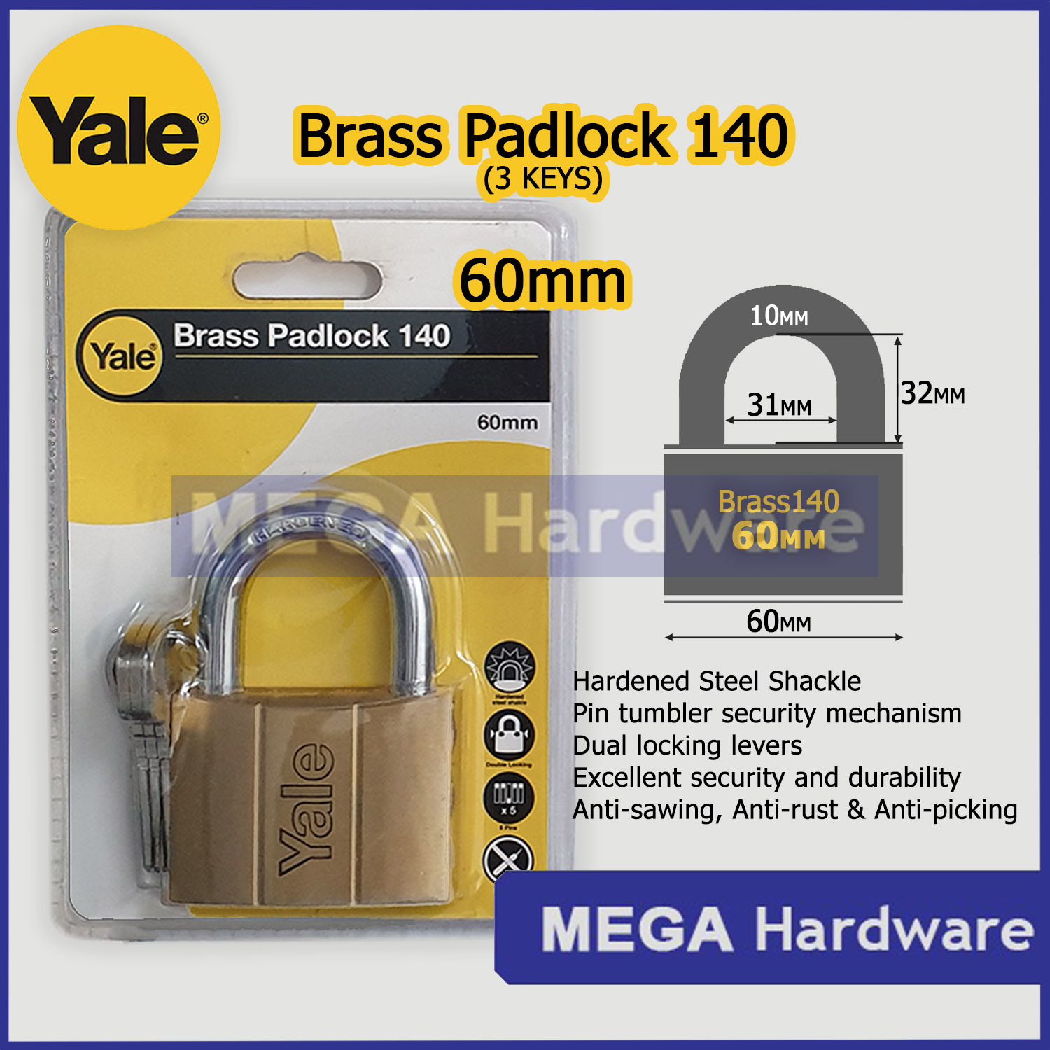Yale V140 Outdoor Brass Padlock Heavy Duty 30mm 40mm 50mm 60mm 70mm (long or short) | Lazada PH