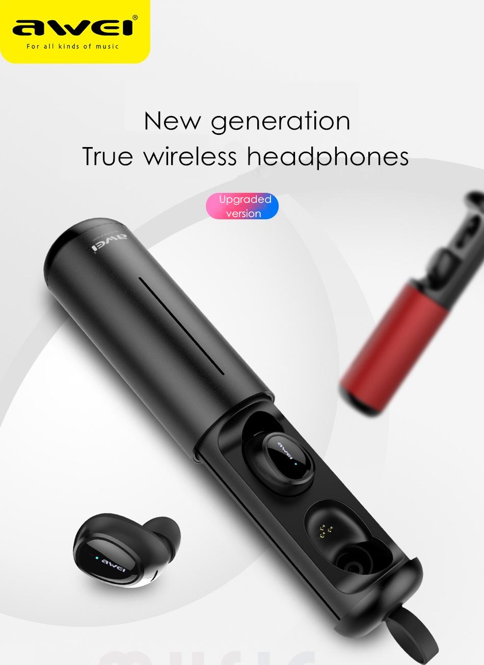 AWEI T5 Portable TWS Bluetooth 5.0 Earphone Heavy Bass Headphone with ...