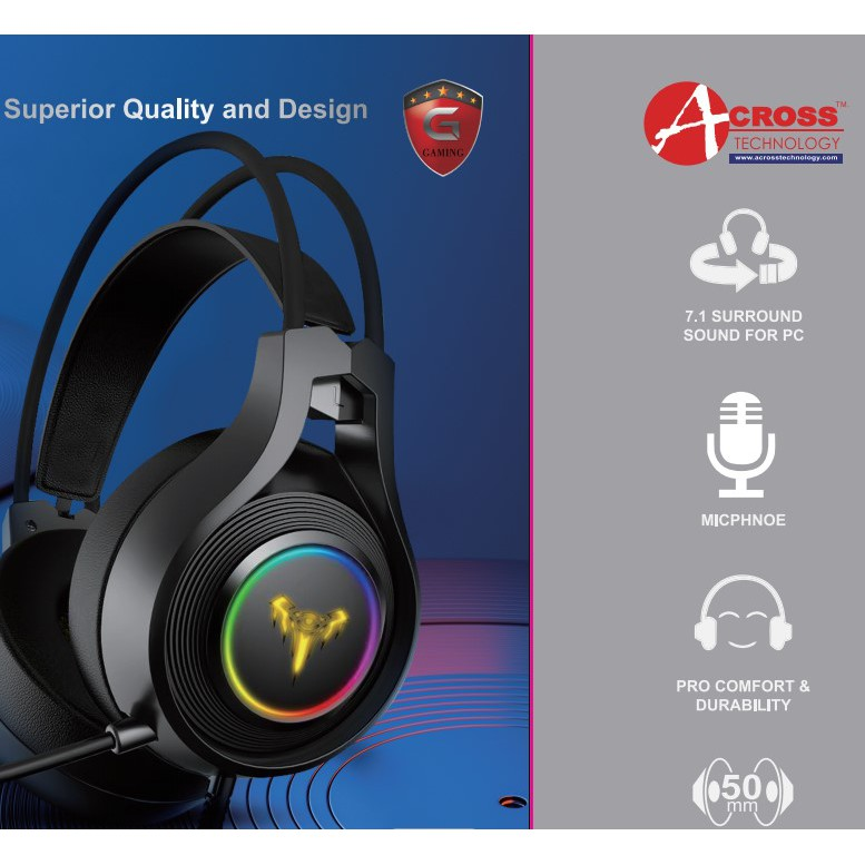 Across GHS-GV3L USB Gaming HeadSet with Powerful Bass. RGB Design. 7 ...