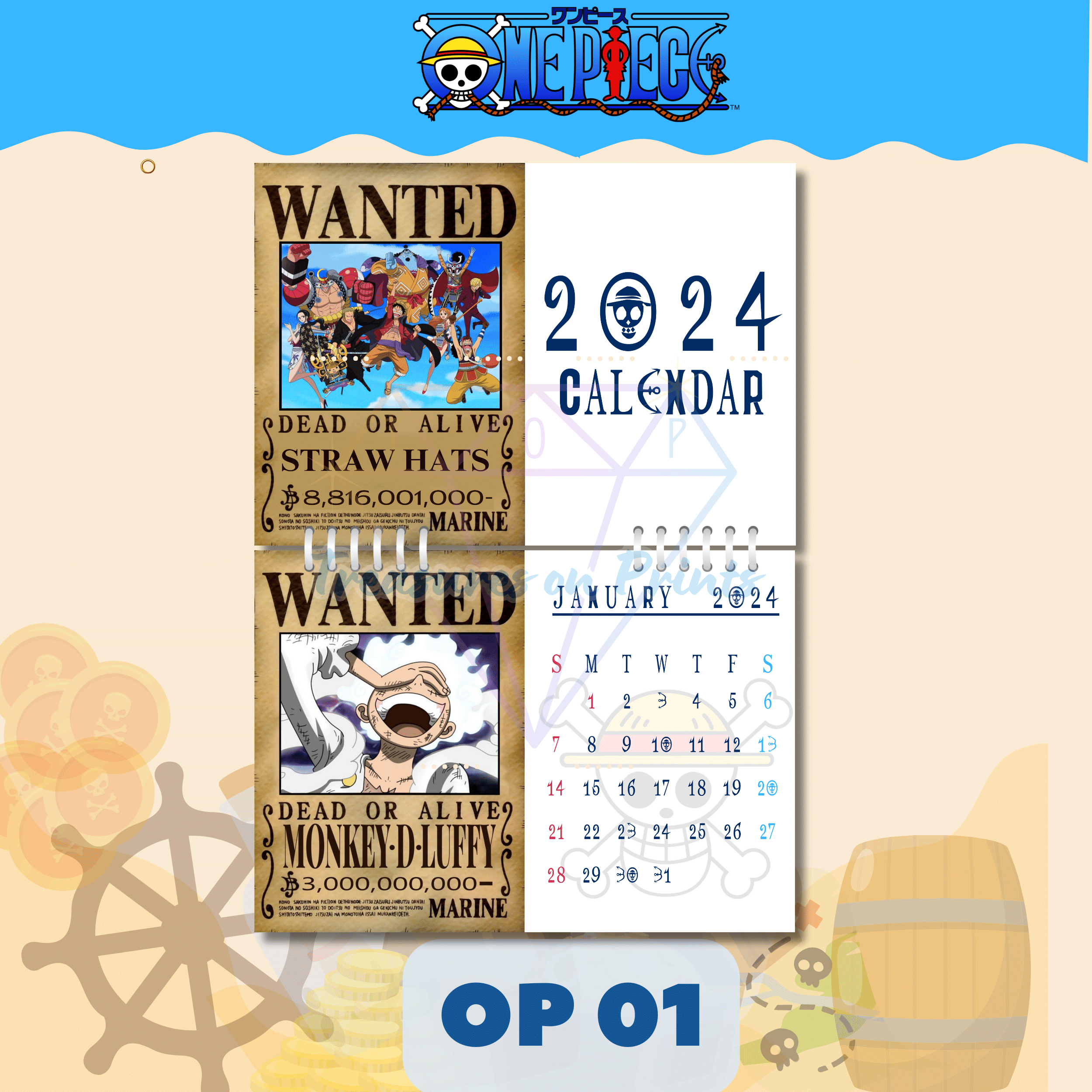 OnePiece Wall Calendar | 2025 Calendar | Wanted Poster | Luffy | Zoro | Nami | Sanji | Chopper ...