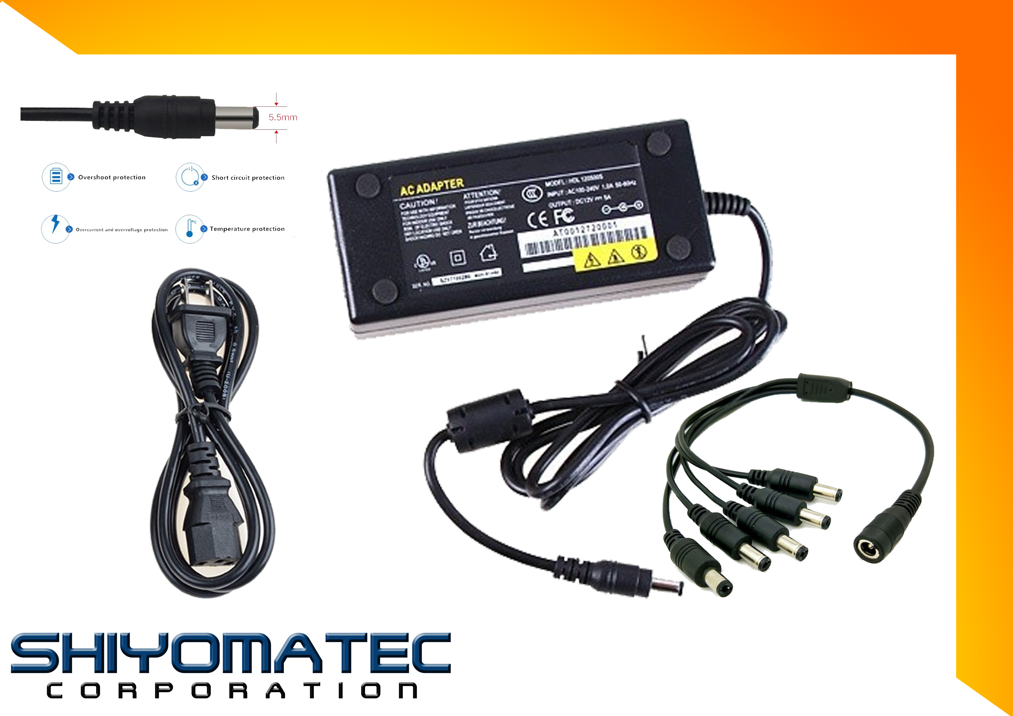 12V 5A 60W CCTV Camera DVR Power Supply Adapter with 8 in 1 splitter ...