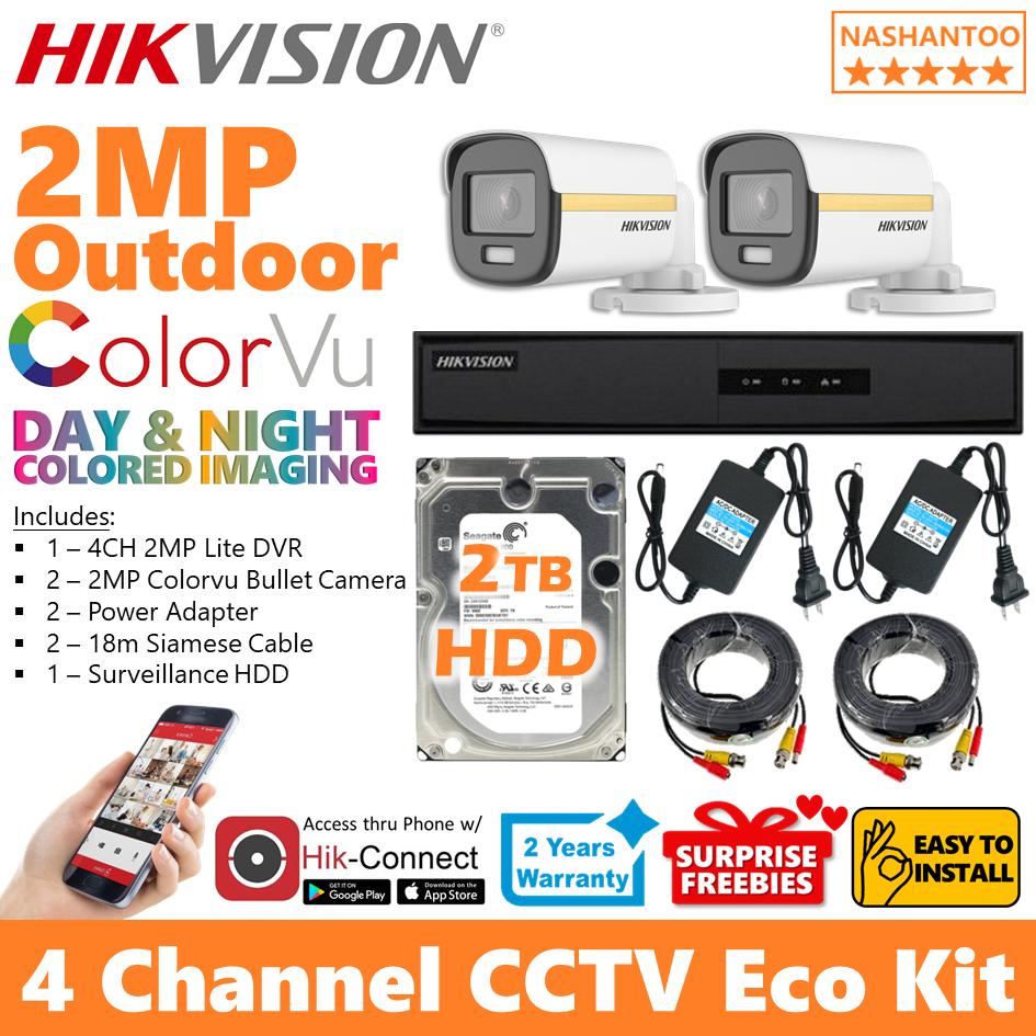 HIKVISION 4CH 2MP 2Cameras Colorvu Outdoor Bullet 4CH DIY CCTV Package ...