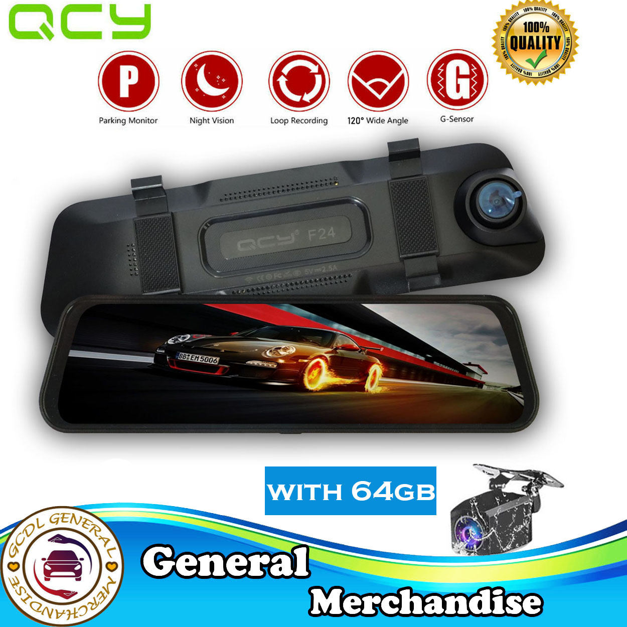 QCY F24 Dashcam 4K Ultra HD BSD 9.66" Touch Screen 3840x2160 (Ultra HD ...