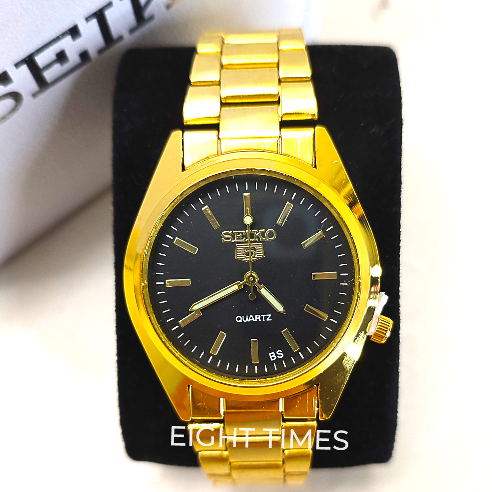 Seiko 5 Quartz Gold Strap Black Dial Stainless Steel Watch for Men ...