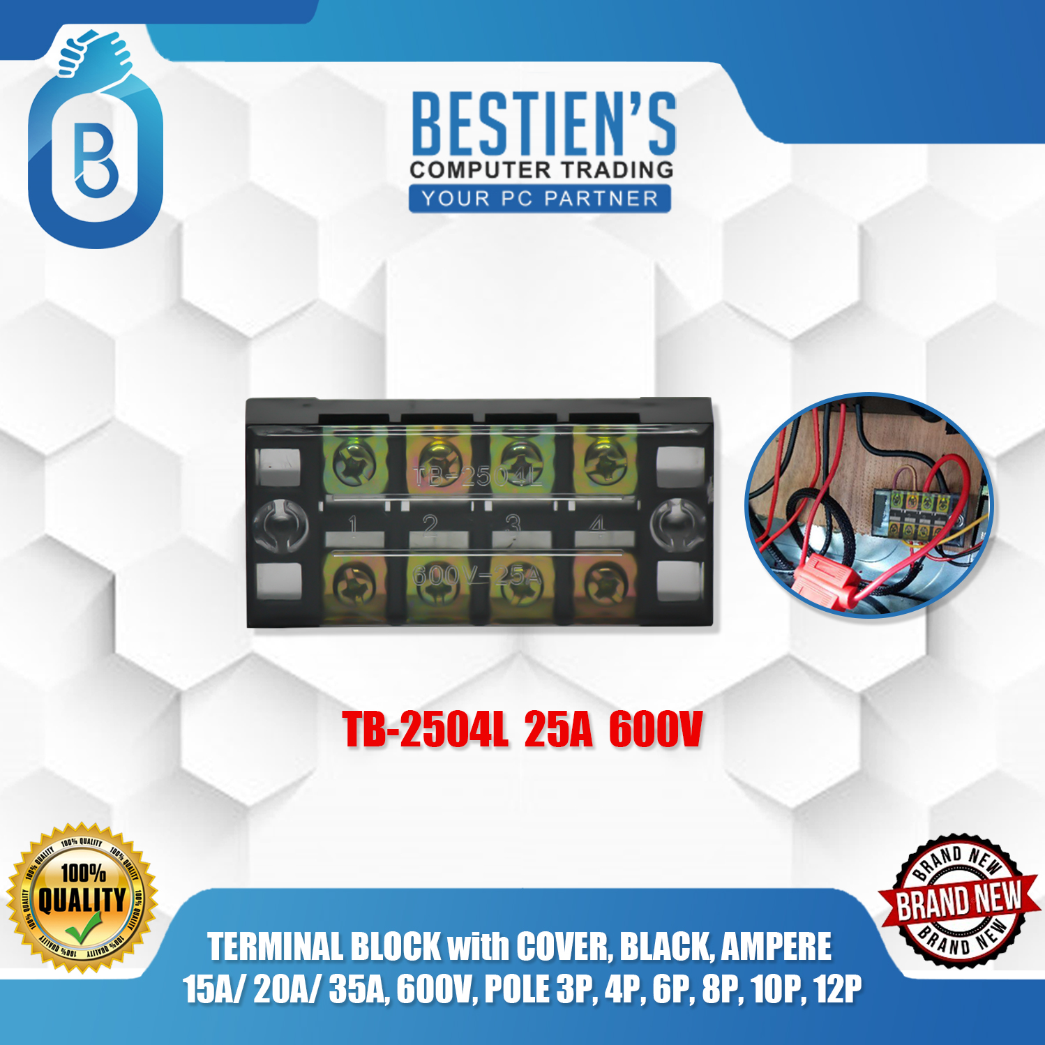 TERMINAL BLOCK with COVER, BLACK, AMPERE 15A/ 20A/ 35A, 600V, POLE 3P, 4P, 6P, 8P, 10P, 12P ...