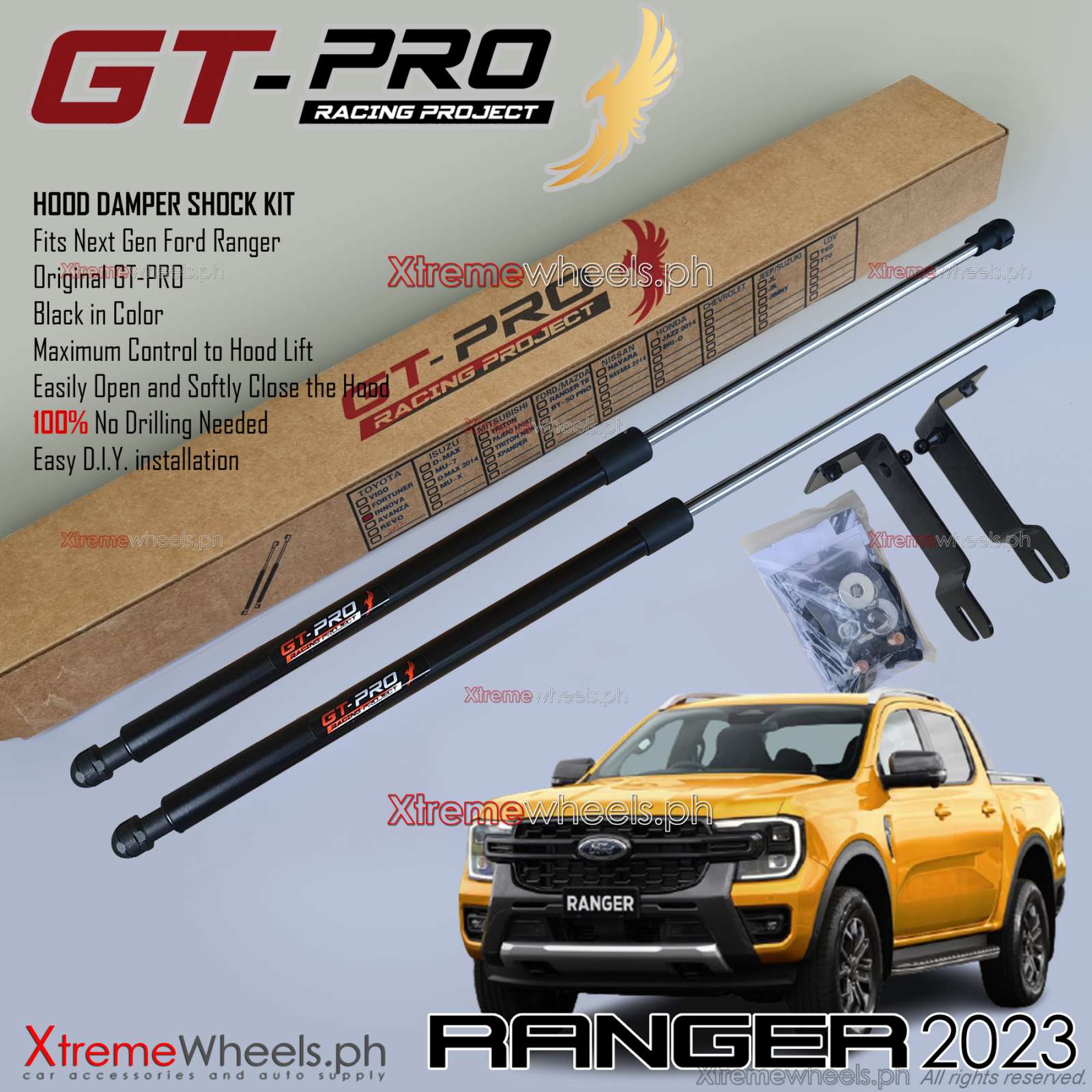 Ford Ranger XLT XLT XL Wildtrak 2023-2024 GT-Pro Black Hood Damper ...