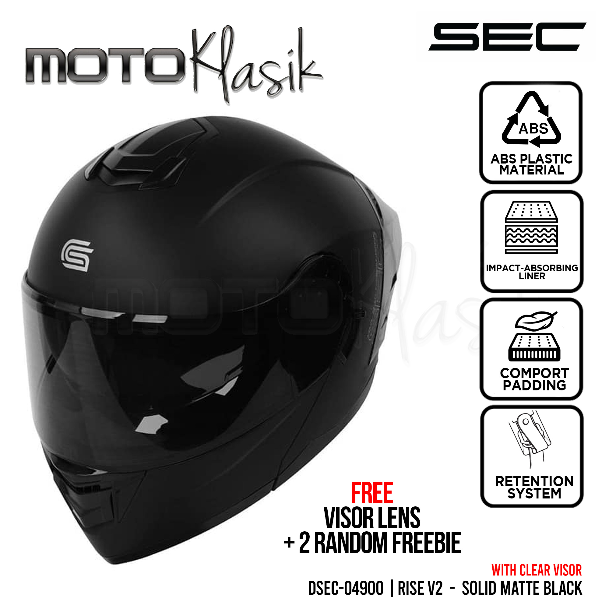 SEC RISE V2 DSEC-04900 MATTE BLACK MODULAR HELMET WITH FREE CLEAR VISOR ...