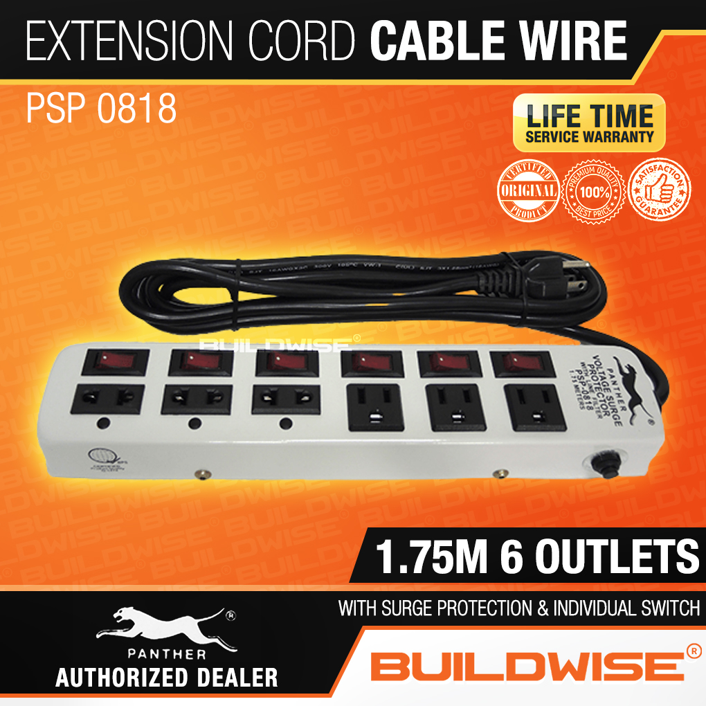 Panther Extension Cord Cable Wire with Surge Protector 6 Outlets w ...