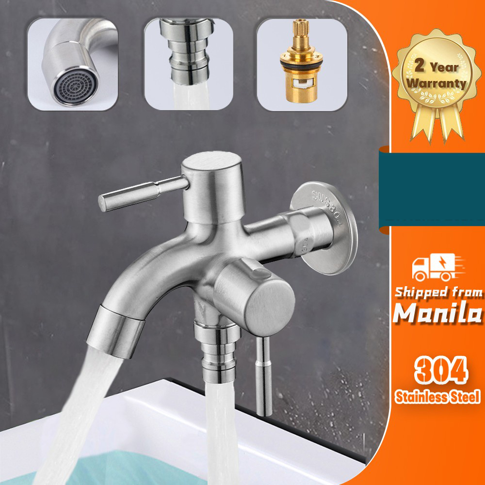 304 Stainless Steel Two Way Faucet Valvet Bibcock Faucet 1 in 2 out ...