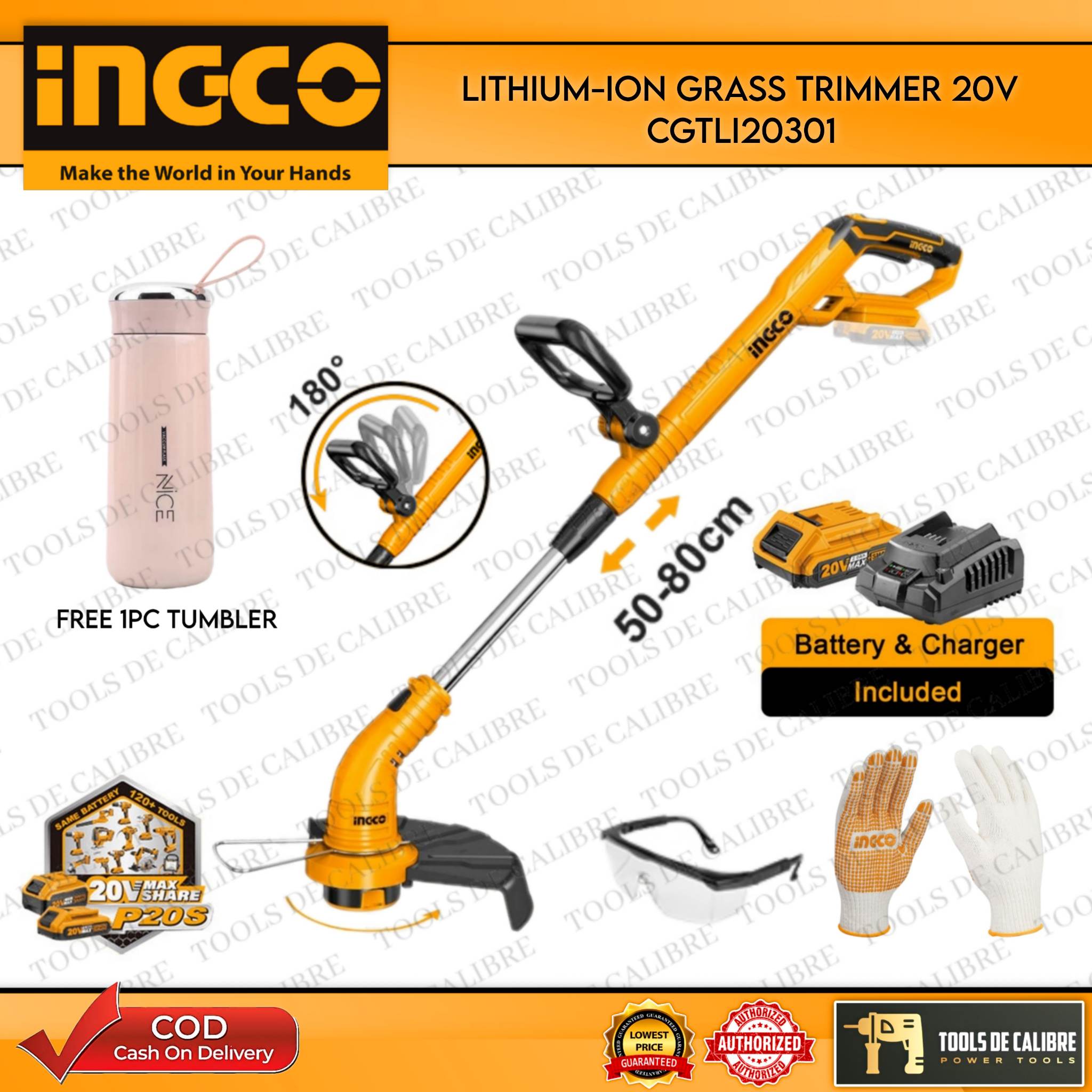 INGCO 20V Lithium-Ion Cordless Grass Trimmer CGTLI20301 with FREE ...