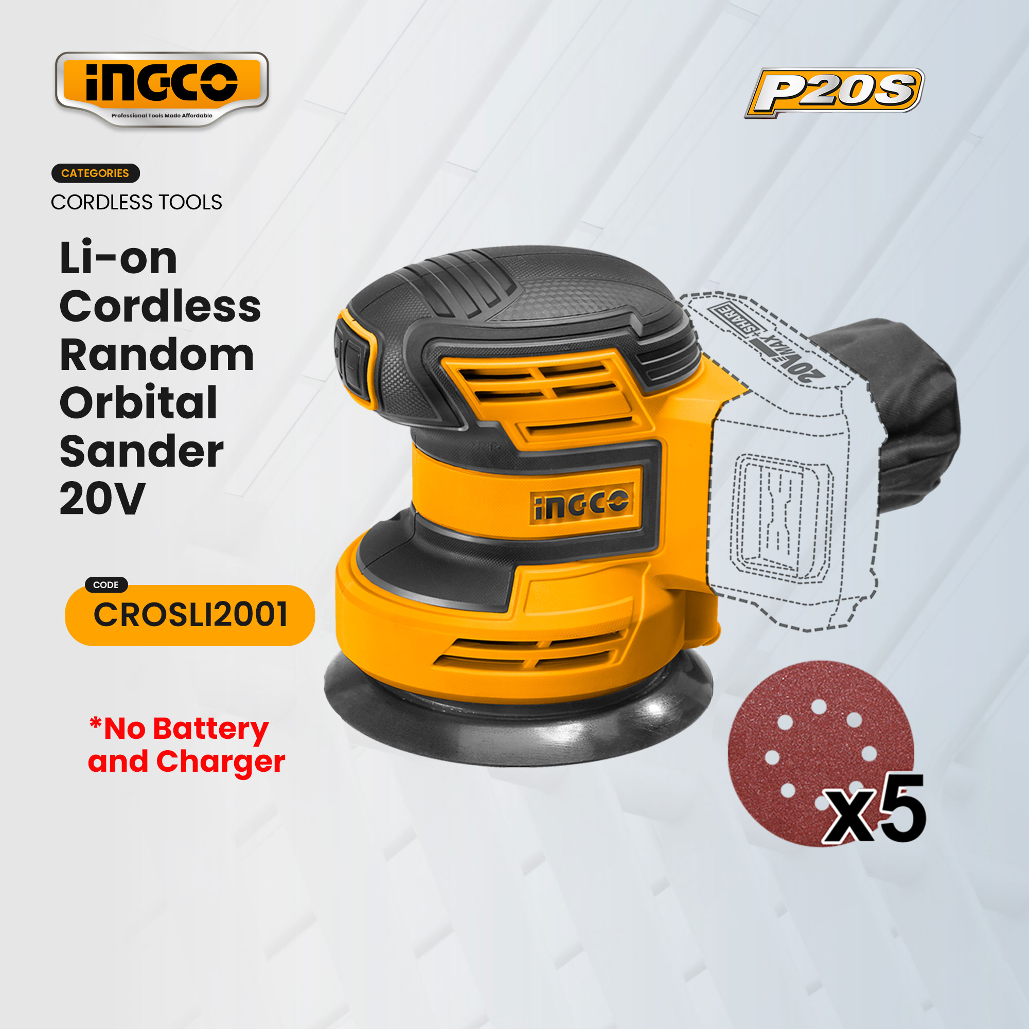 Ingco 20V Lithium-Ion Cordless Random Orbital Sander UNIT ONLY P20S ...