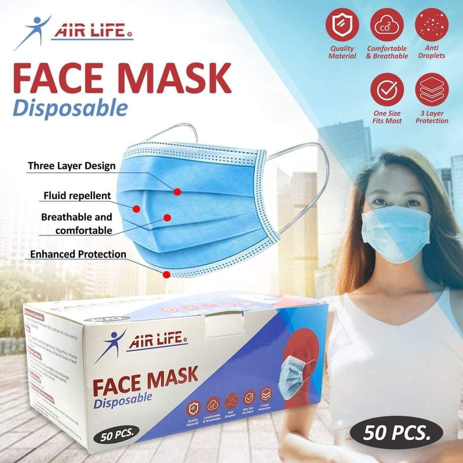 50 PCS DISPOSSABLE FACEMASK SURGICAL FACE MASK BY AIRLIFE ( 50 PCS PER ...