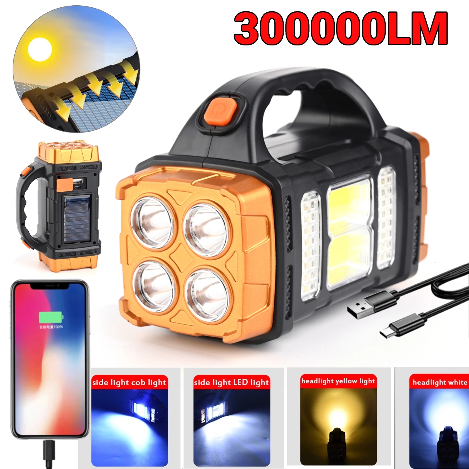 Portable Solar Flashlight with COB Work Light Rechargeable LED ...