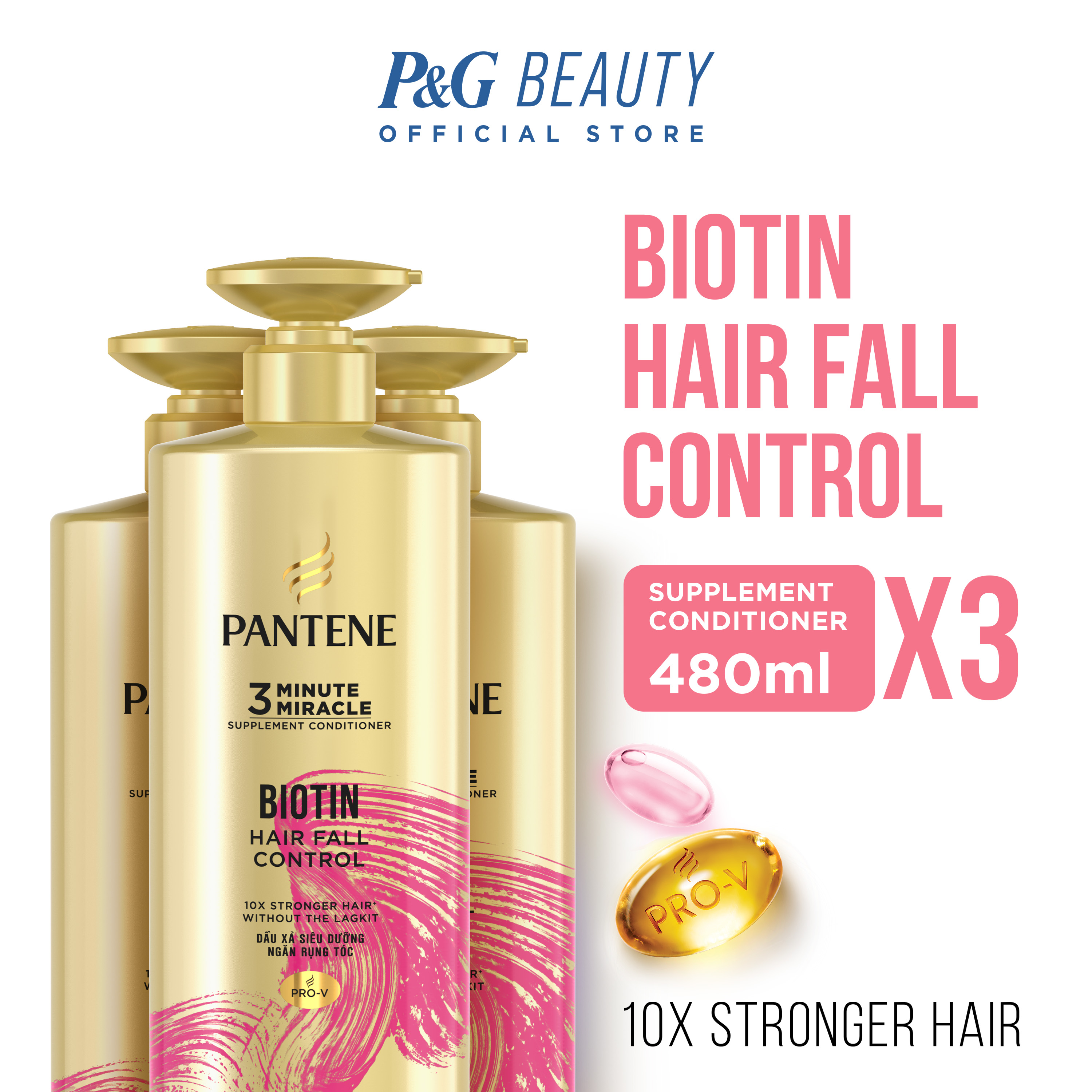 Pantene Biotin Strength Pro-V 3 Minute Miracle Conditioner [Hair Fall Control] 480ml (3 pieces ...