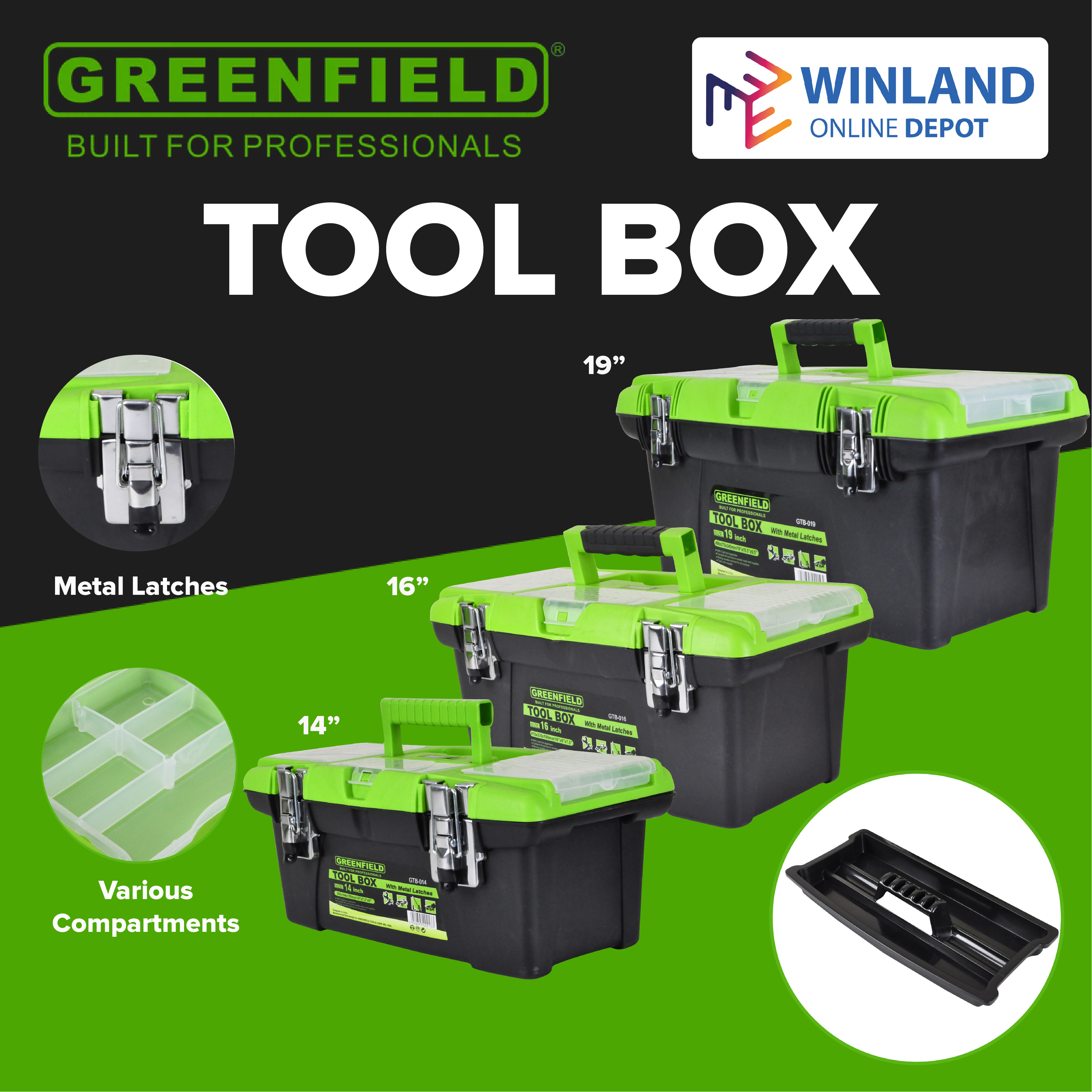 Greenfield by Winland 14-19Inches Plastic Iron Tool Box w/ Metal Latch ...