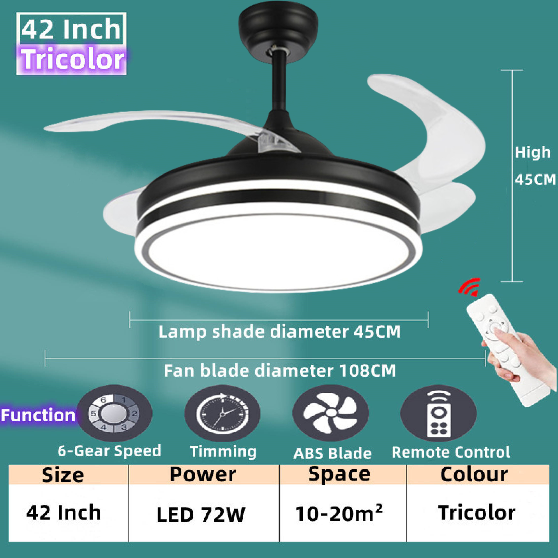 42 inch Ceiling Fan With Light Bluetooth LED 3 Color Lights Remote ...