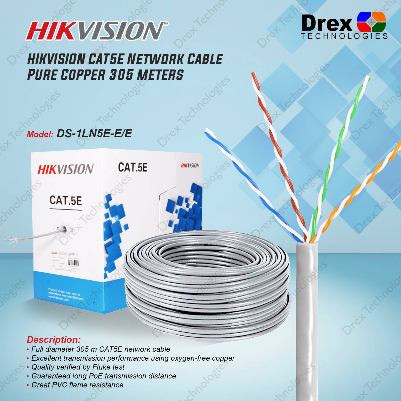 305M Hikvision DS-1LN5E-E/E UTP Cable Cat5e Pure Copper Indoor Gray ...