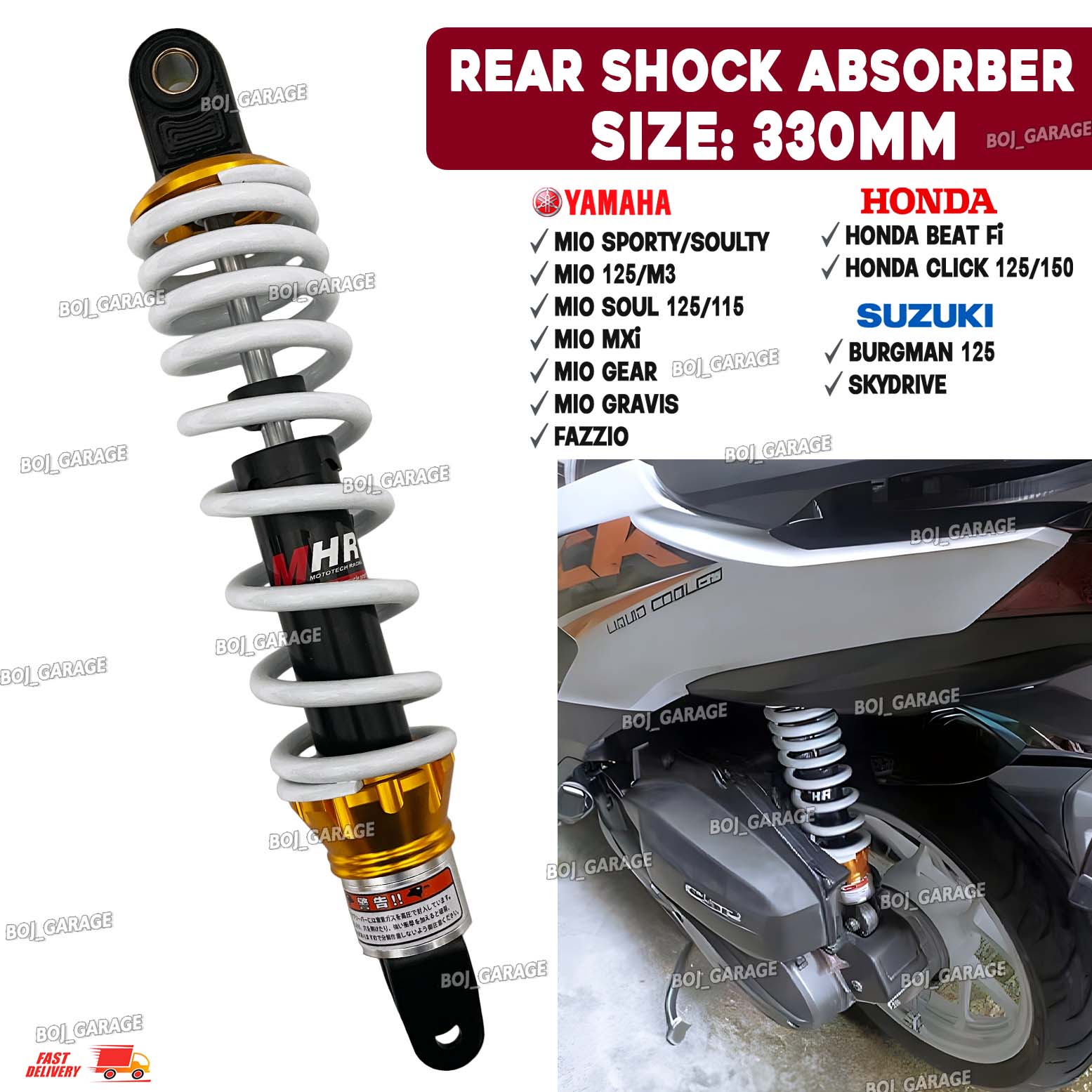 REAR SHOCK ABSORBER 330MM 1 PC MIO CLICK BEAT BURGMAN GEAR GRAVIS WHTE ...
