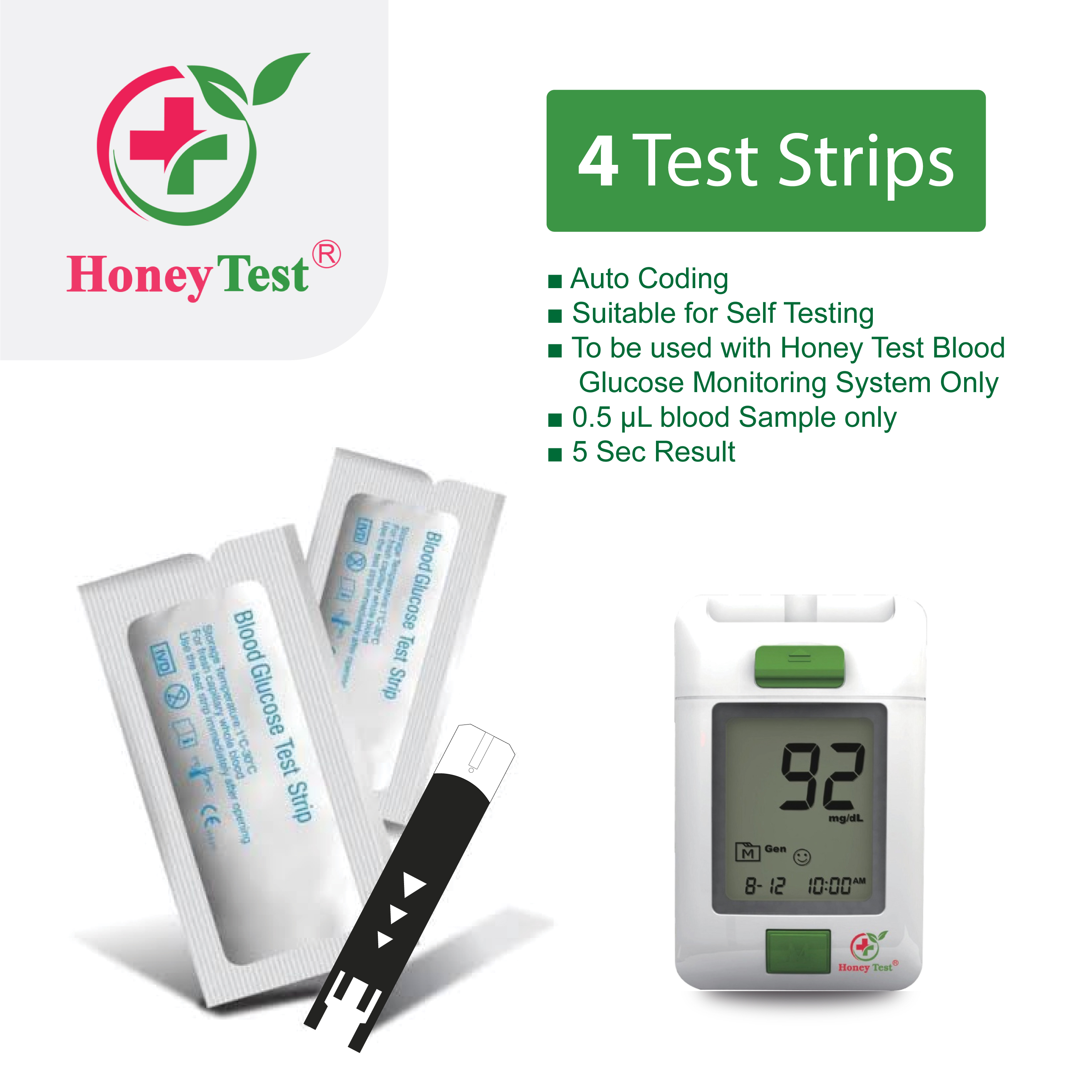 Glucometer Auto code strips Honey Test - 4 pieces for Honey Test Blood ...