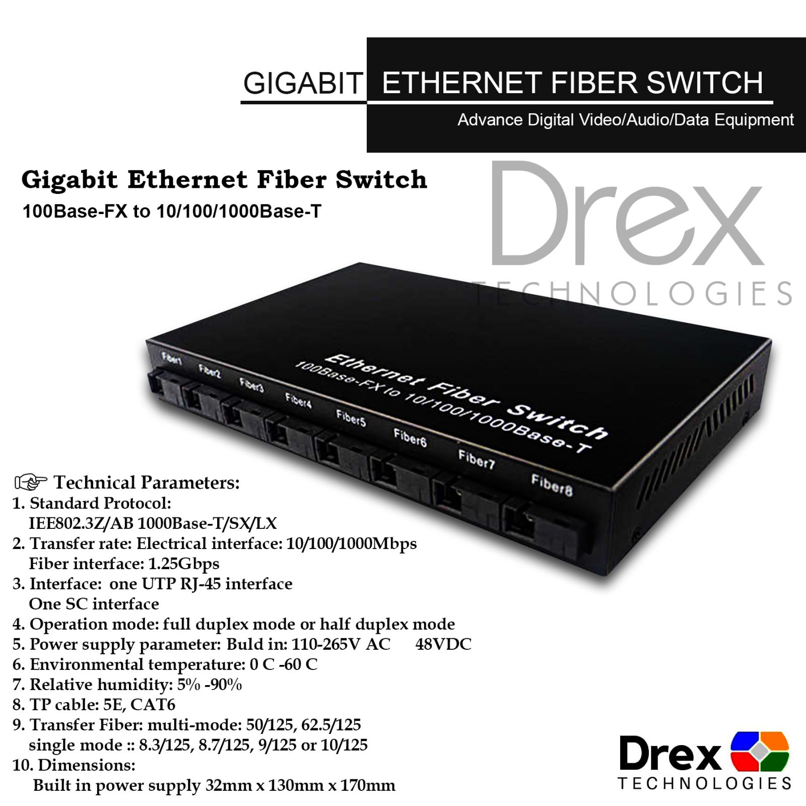 Gigabit Ethernet Fiber Switch 8-Port 10/100/1000 Base-T to 1000 Base-X ...