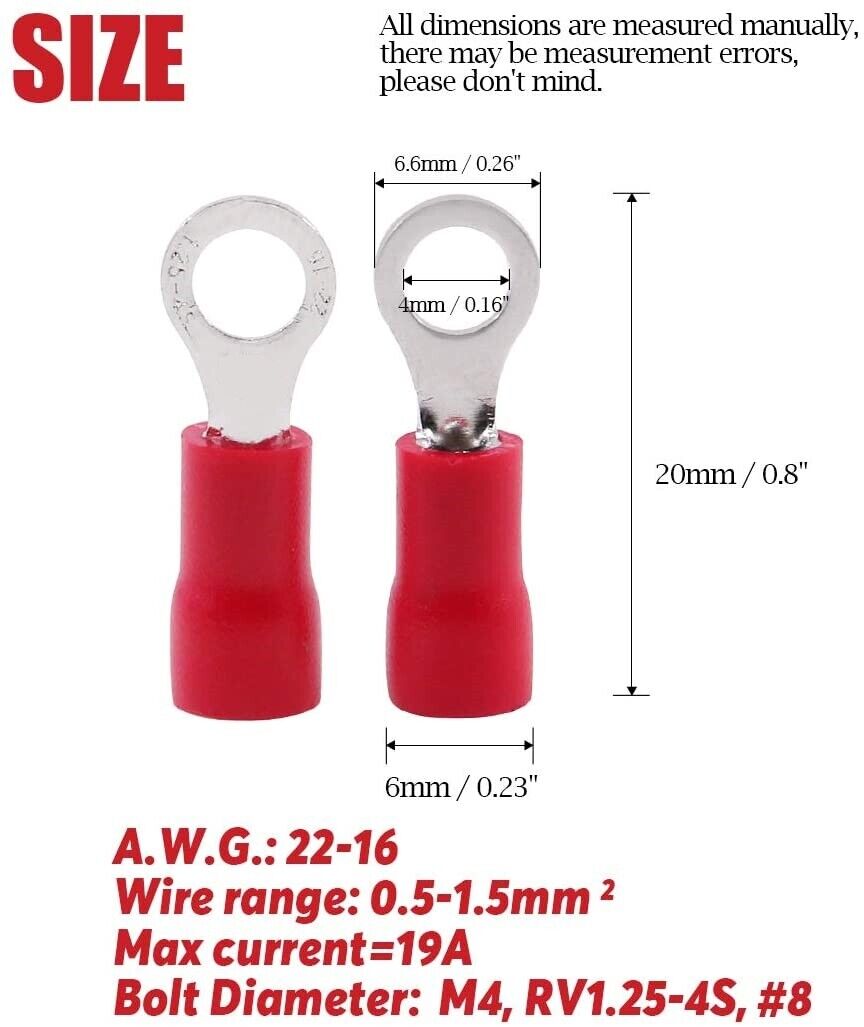 10 pcs Insulated Ring Connector Terminal Lugs RV1.25-4 RV1.25-6 RV1.25-8 AWG22 to AWG16 | Lazada PH