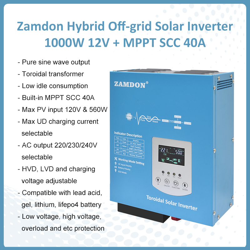 Zamdon Toroidal Hybrid Off-grid Solar Inverter 12V1000W with 40A MPPT ...