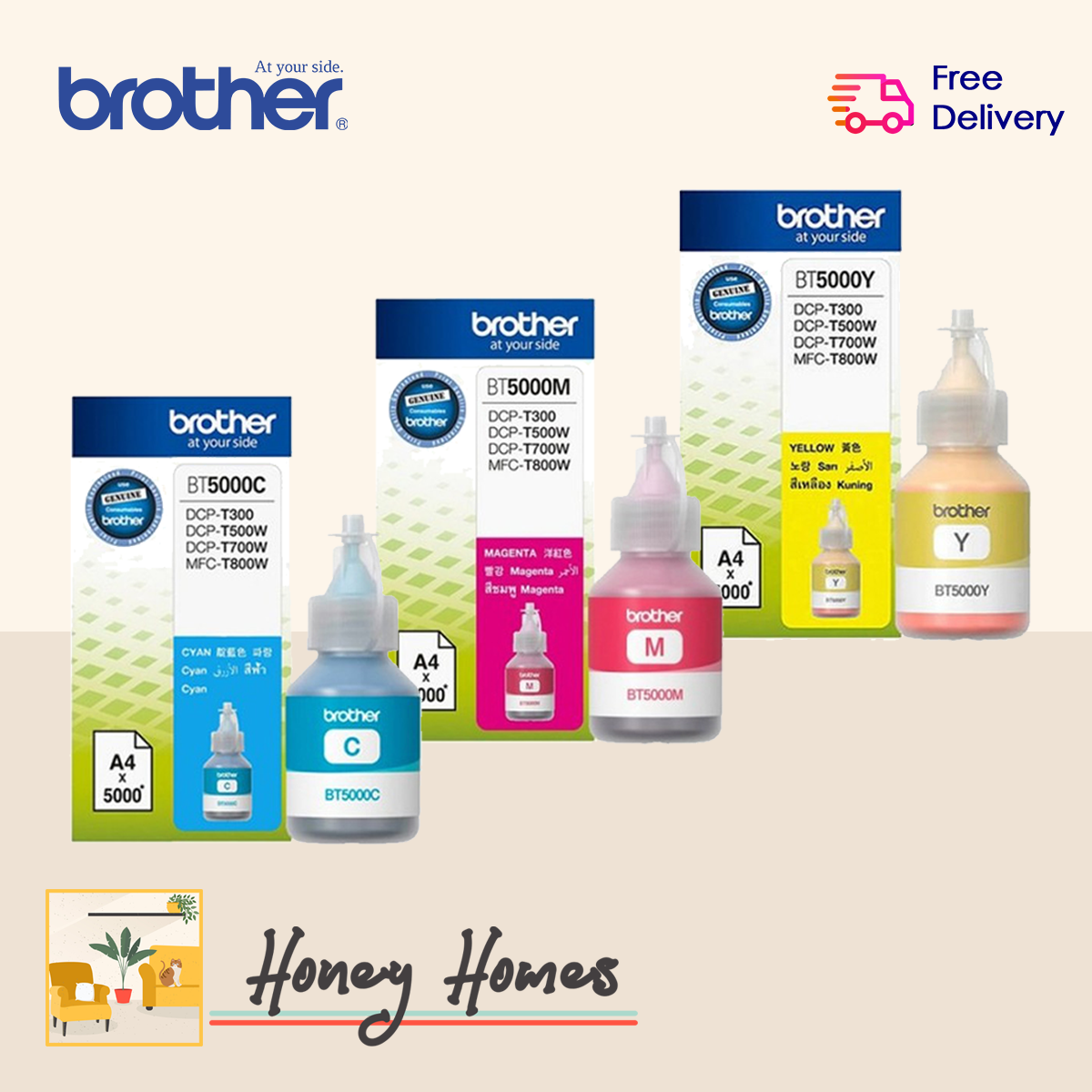 Brother Original Ink BT5000 Cyan / Magenta / Yellow Ink for DCP-T300 ...