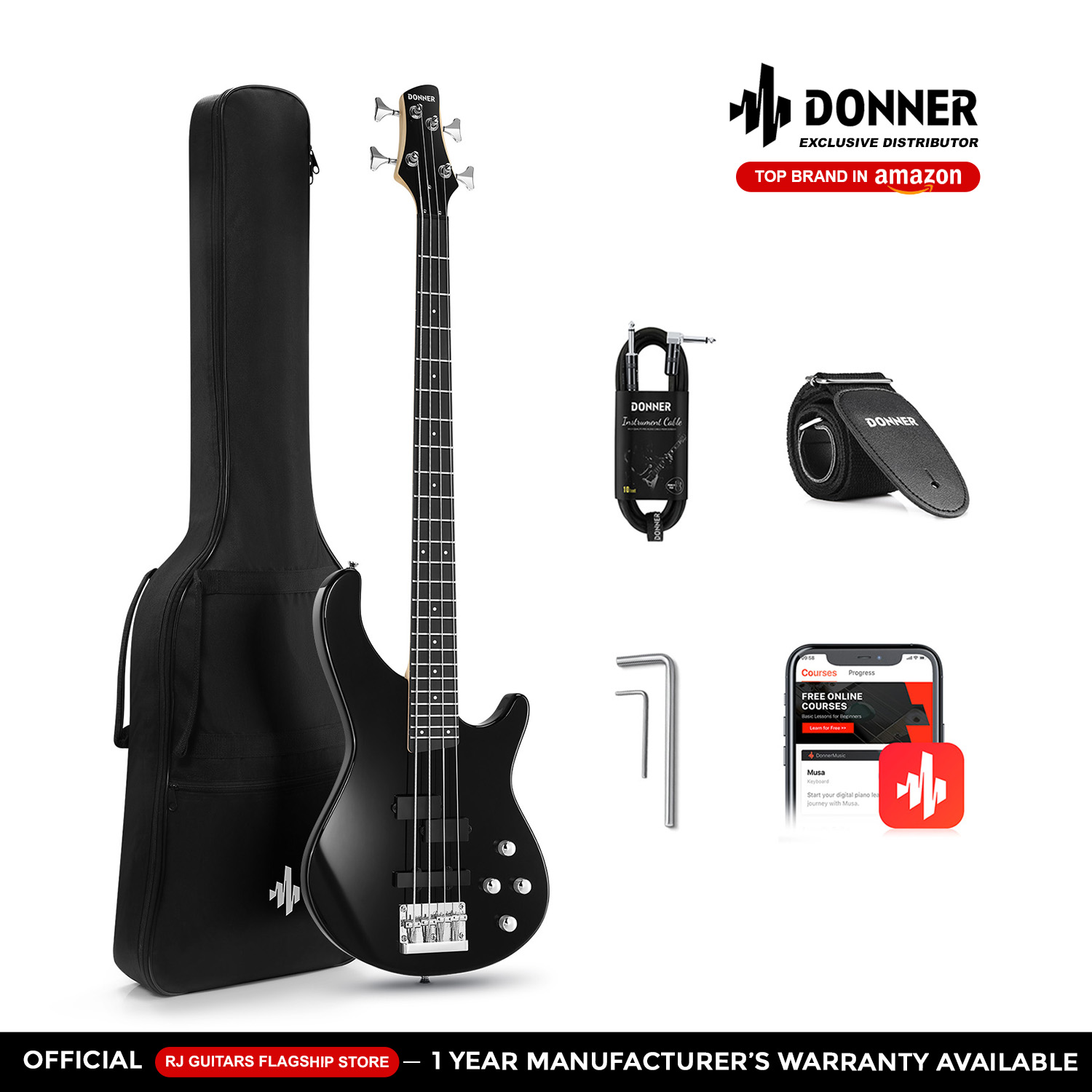 RJ Guitars Donner DPJ-100 Electric Bass Guitar with Gig Bag, Strap And ...