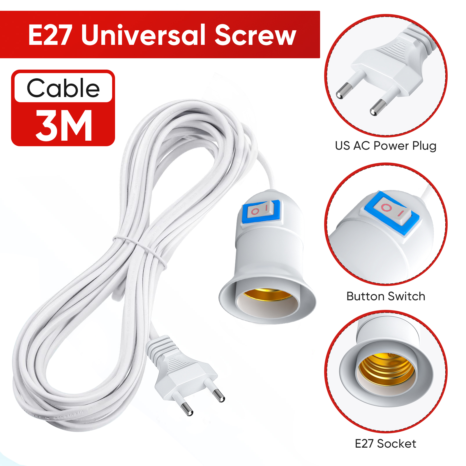 Mitsushi 3M LED Light E27 Bulb Extension Socket E27 Bulb Lamp Socket ...