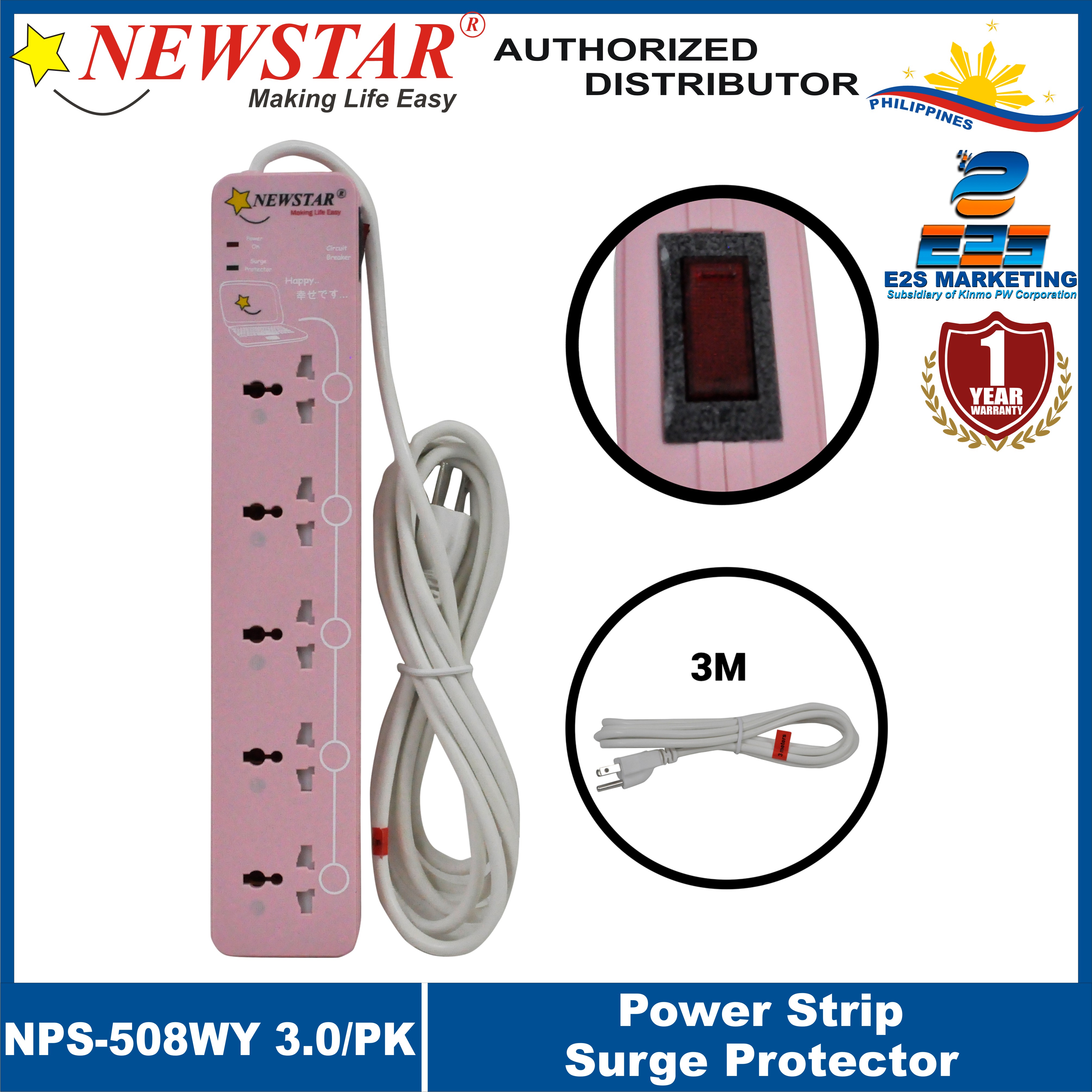 Newstar Power Strip Surge Protector Extension Wire Extension Cord (Pink ...