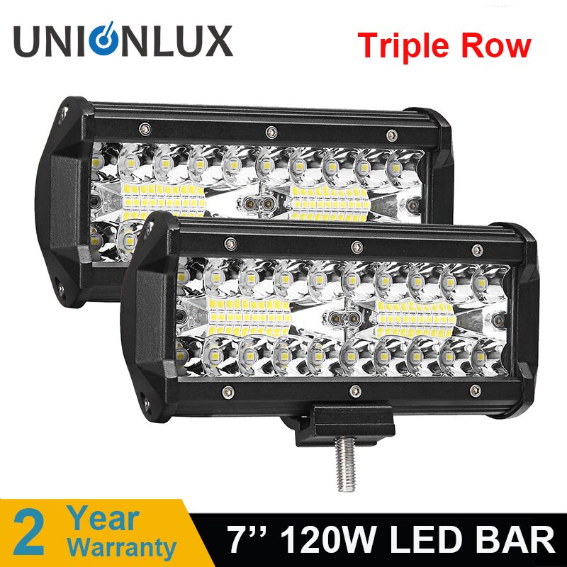 New 7" Led Light Bar 120W 3-Row Led Bar Spot Flood Combo Beam Auto Work ...