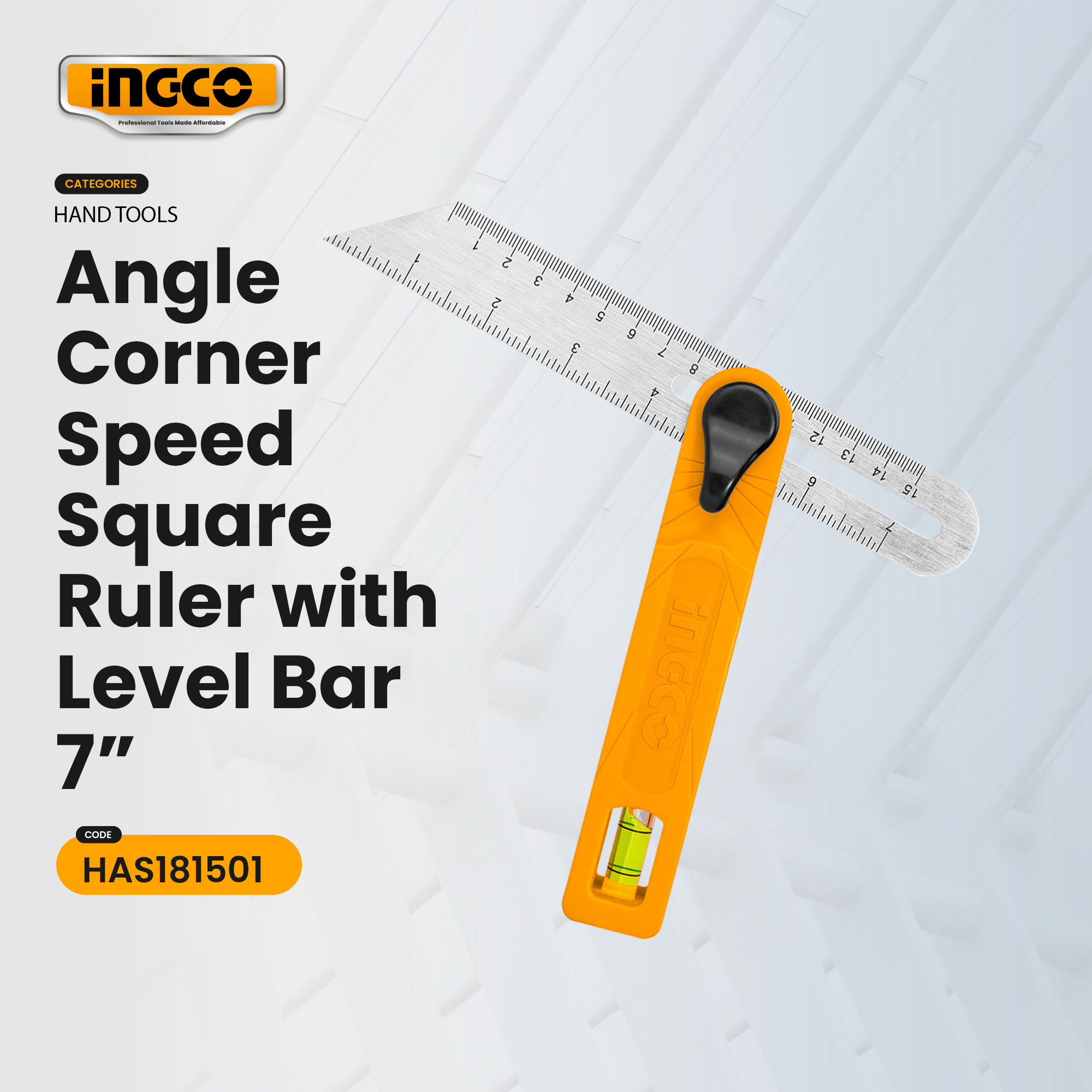 Ingco 7" (150mm) Angle Corner Speed Square Ruler with Level Bar ...