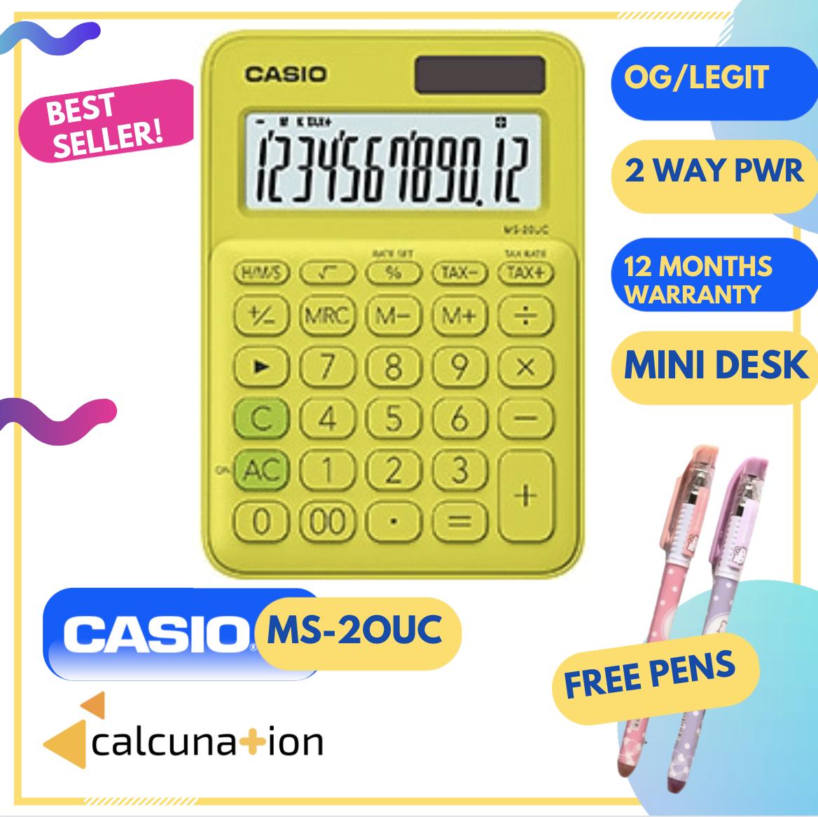 Calculator - CASIO MS20UC YELLOW GREEN CALCULATOR.w/ Free Panda Pen ...