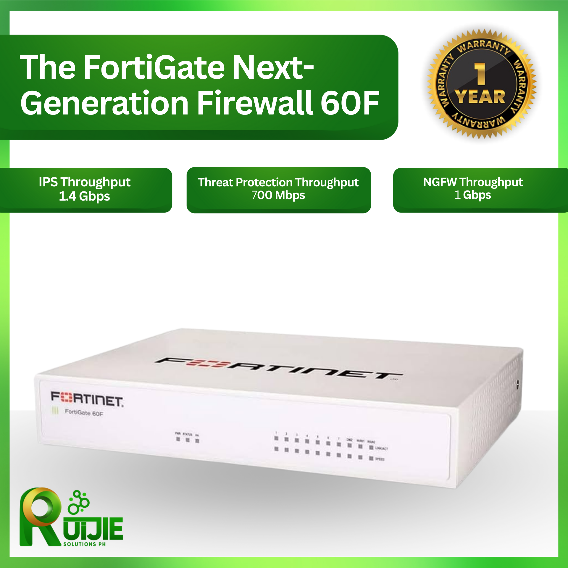 Fortinet FortiGate FG-60F 10 x GE RJ45 ports (including 7 x Internal ...