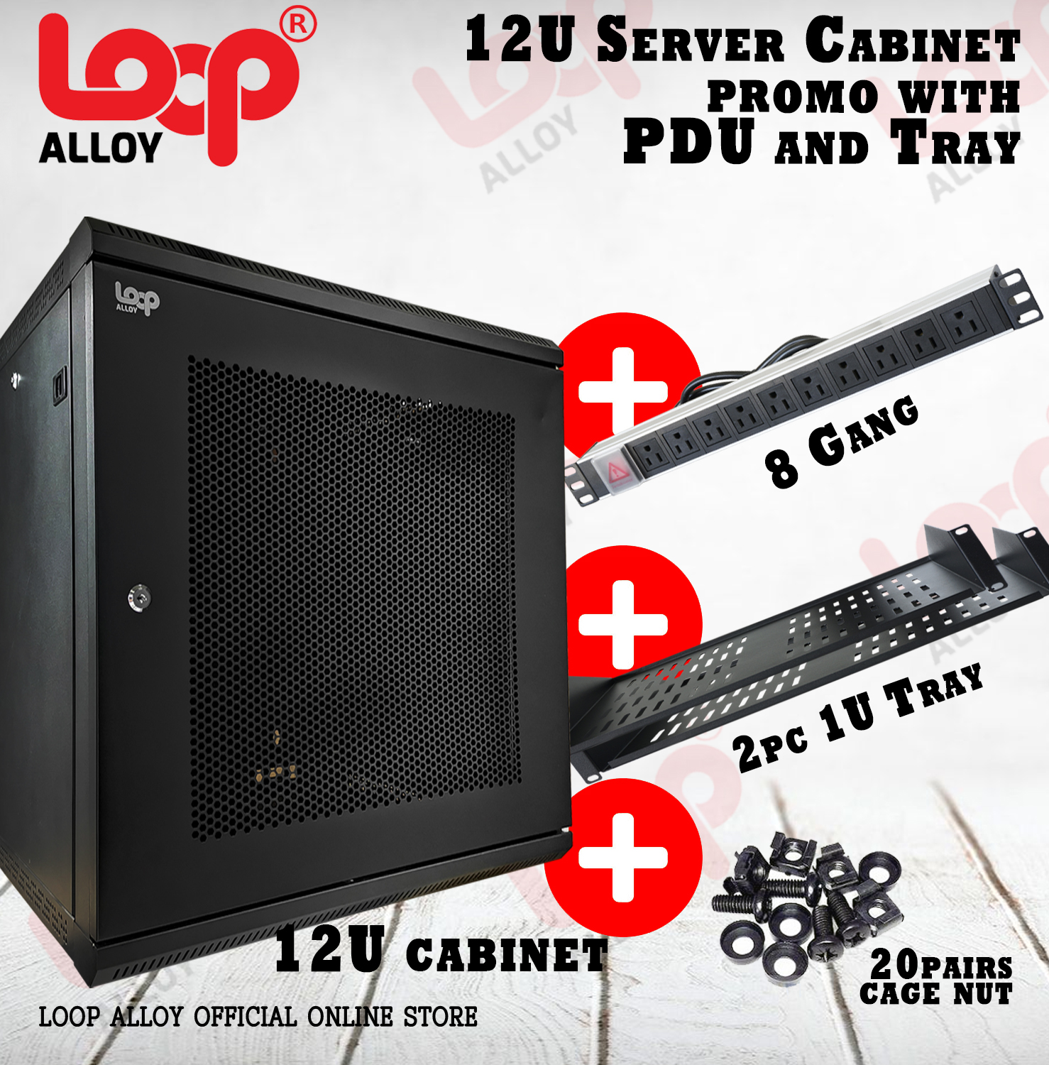 Loop Alloy 12U Server Cabinet Packaged with 2pcs 1U Vented Cantilever Server Tray, 1pc 1U Power ...