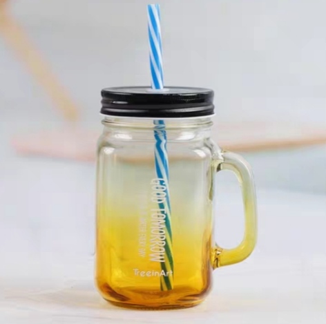 Colored Mason Jar With Reusable Straw Bottle Glass Mug Emboss Cold ...