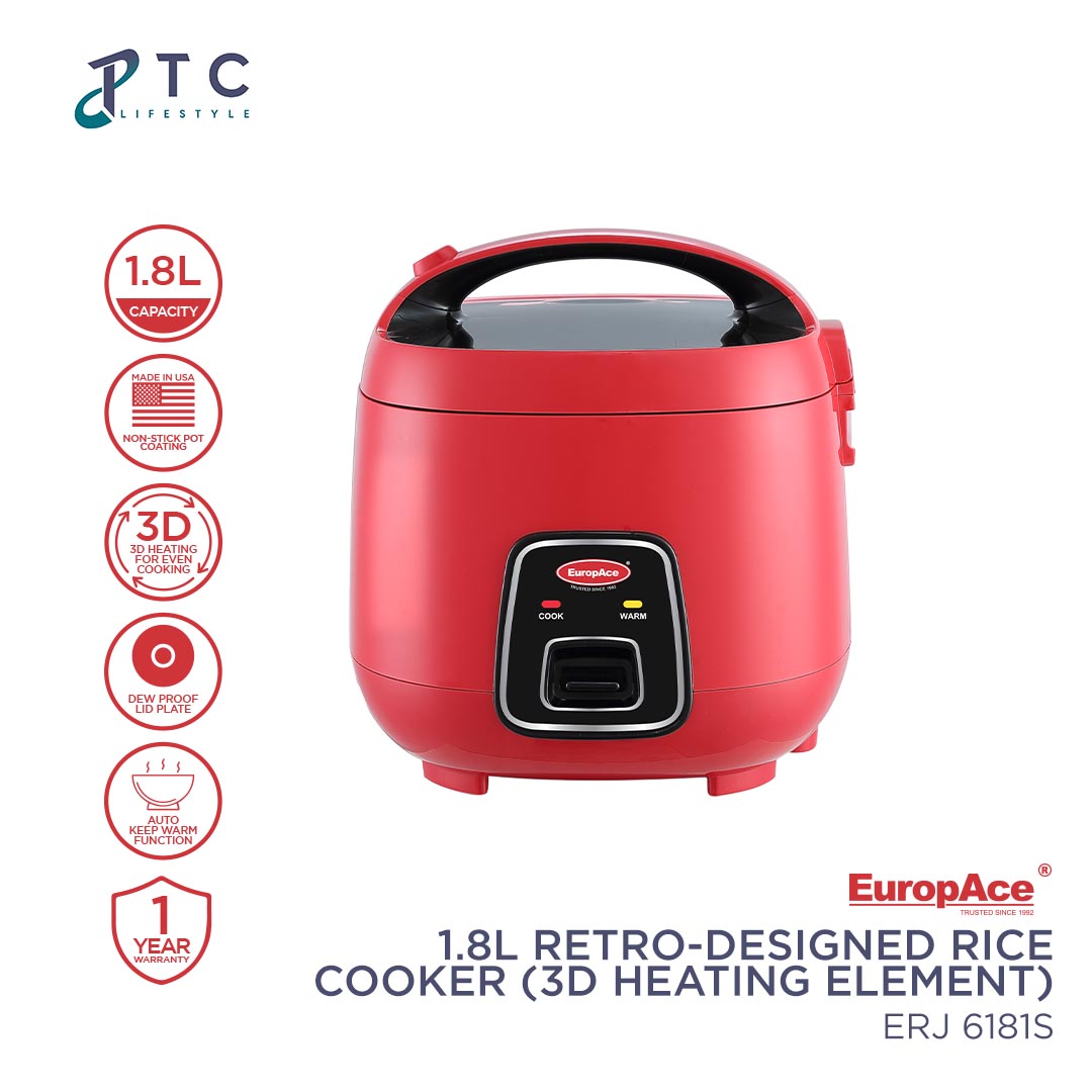 EuropAce 1.8L Retro-Designed Rice Cooker (3D Heating Element) ERJ 6181S ...