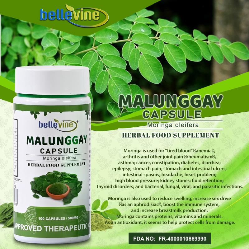 Bellevine Malunggay Capsules, 500mg, 100 Capsules (FDA approved ...