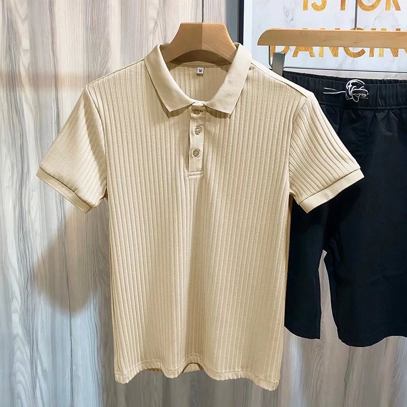 ANTEROS Korean Style Striped Texture Short Sleeve Polo Shirt For Men ...