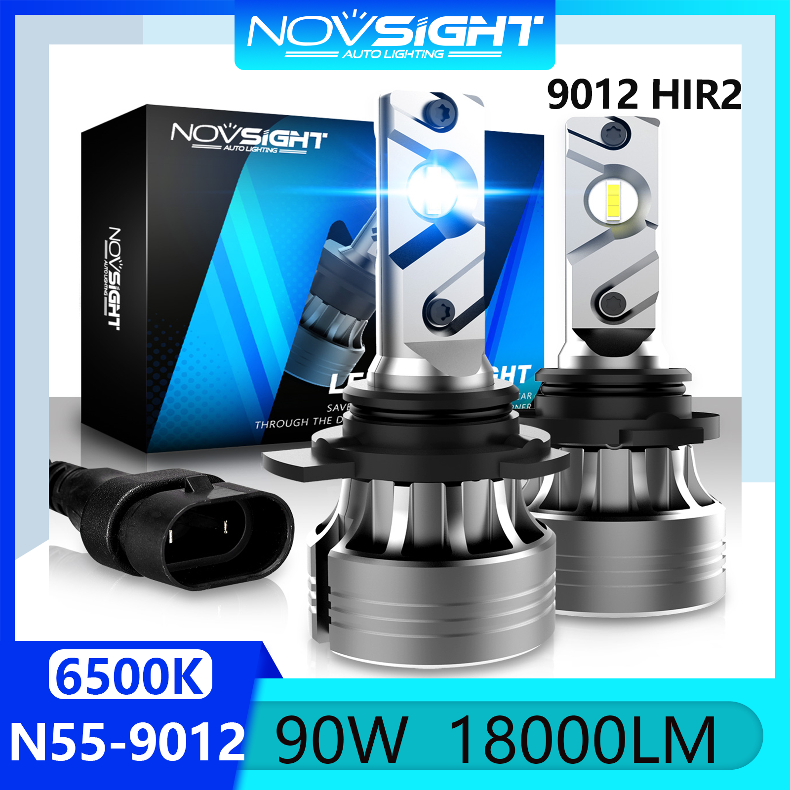 Novsight N55 9012 HIR2 LED Headlight Bulb Kit 90W 18000LM 6500K Super ...