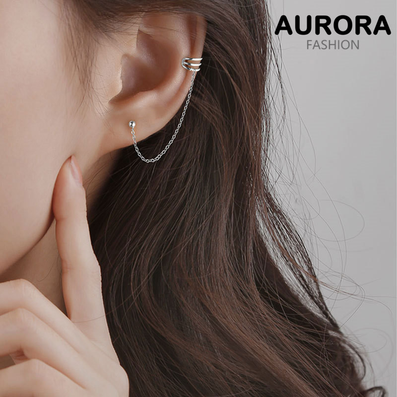 AURORA Real 925 Silver Fashion Conjoined Chain Earrings Ear Cartilage ...