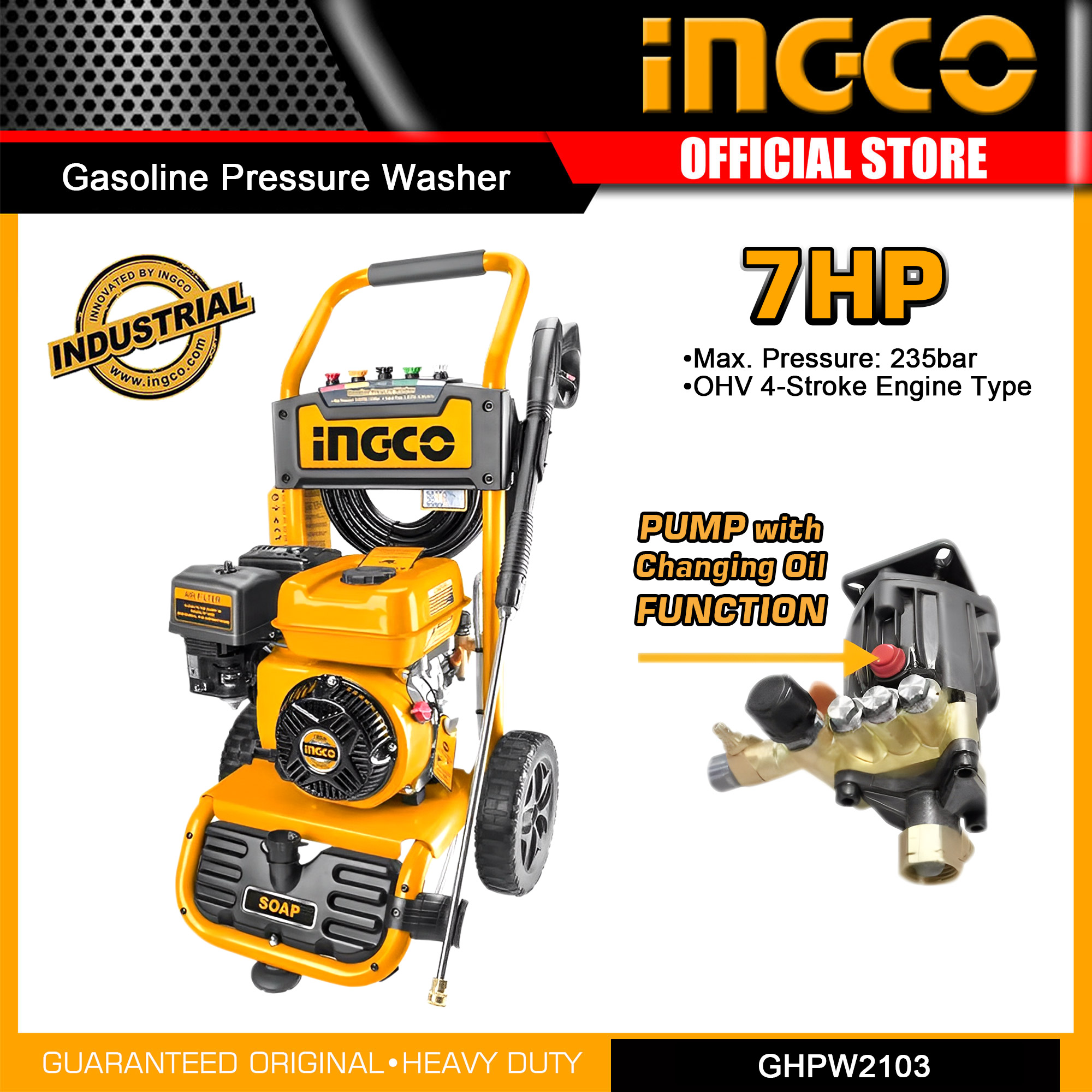 INGCO Industrial Gasoline High Pressure Washer 7HP Power Sprayer ...