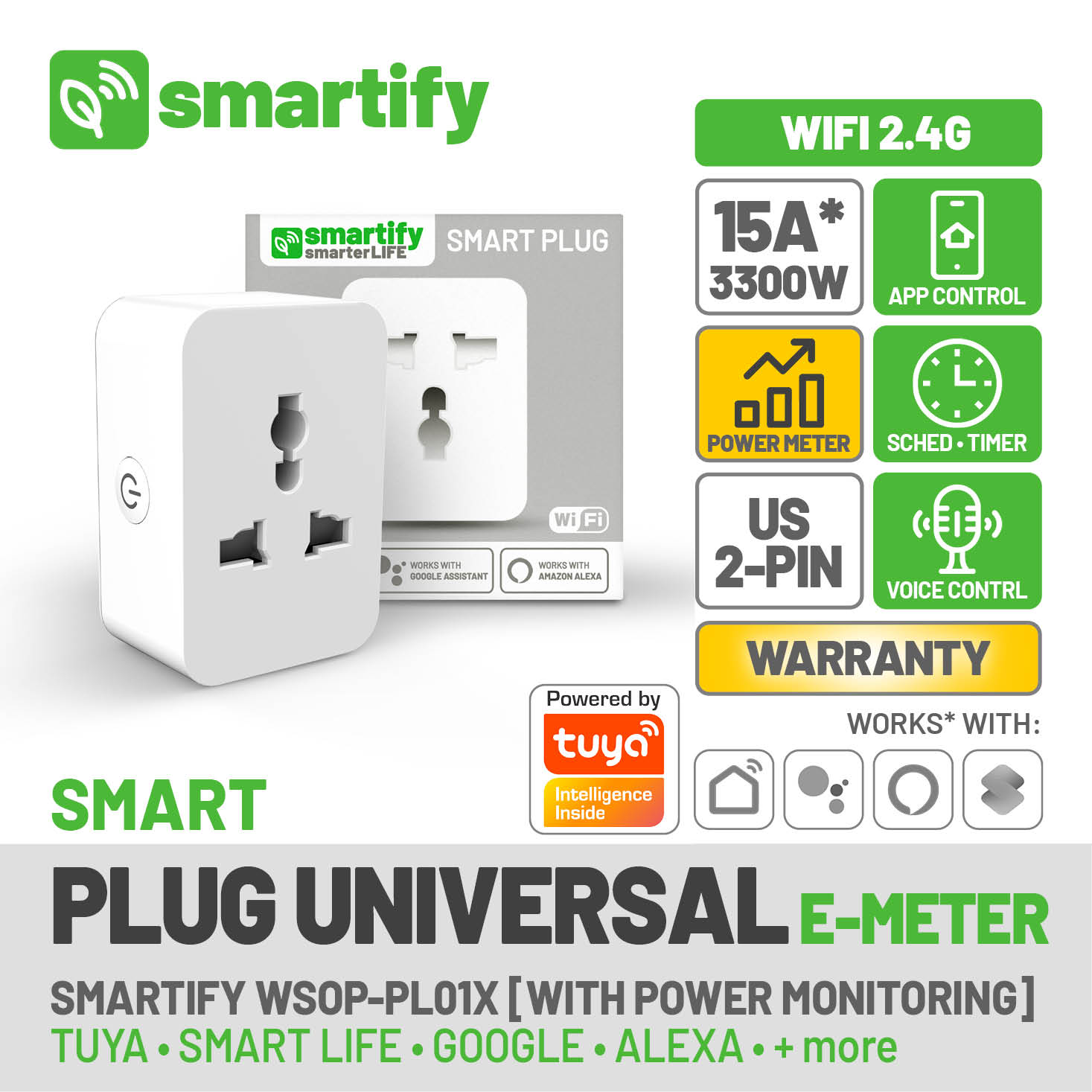 SMARTIFY WIFI UNIVERSAL PLUG SOCKET with POWER MONITORING 10A/15A (PL01X 220V US 2-PIN ...
