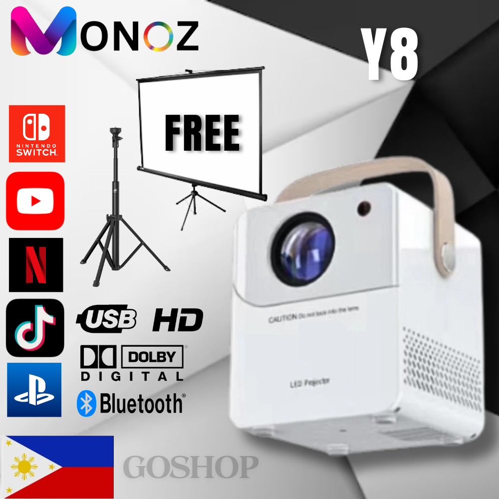 (MONOZ) Projector Y8 with Stand and Screen Portable Smart Mini 4K UHD ...